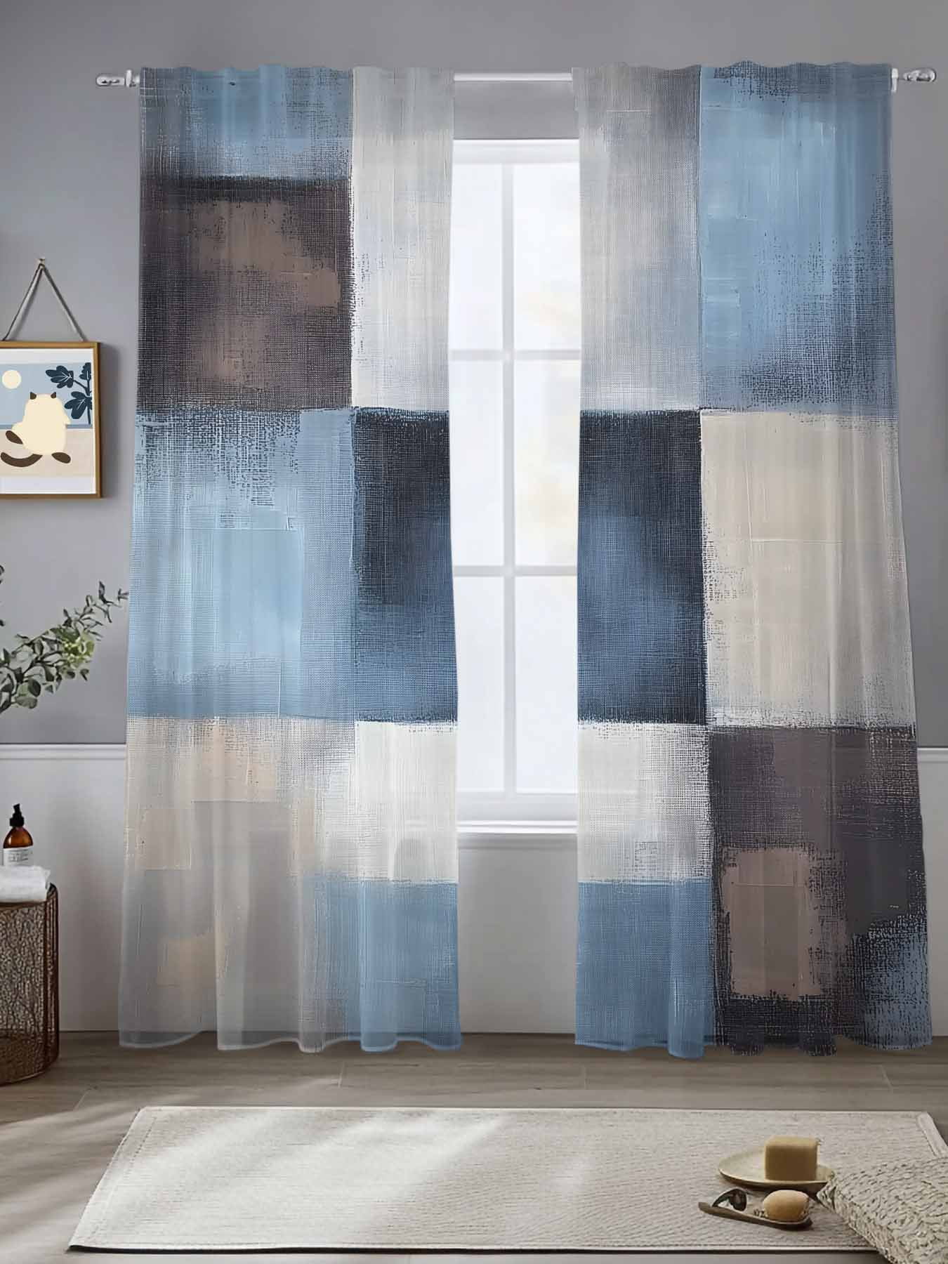 Abstract Color Stitching Sheer Curtains 108 Inches Long 2 Panels Blue ...