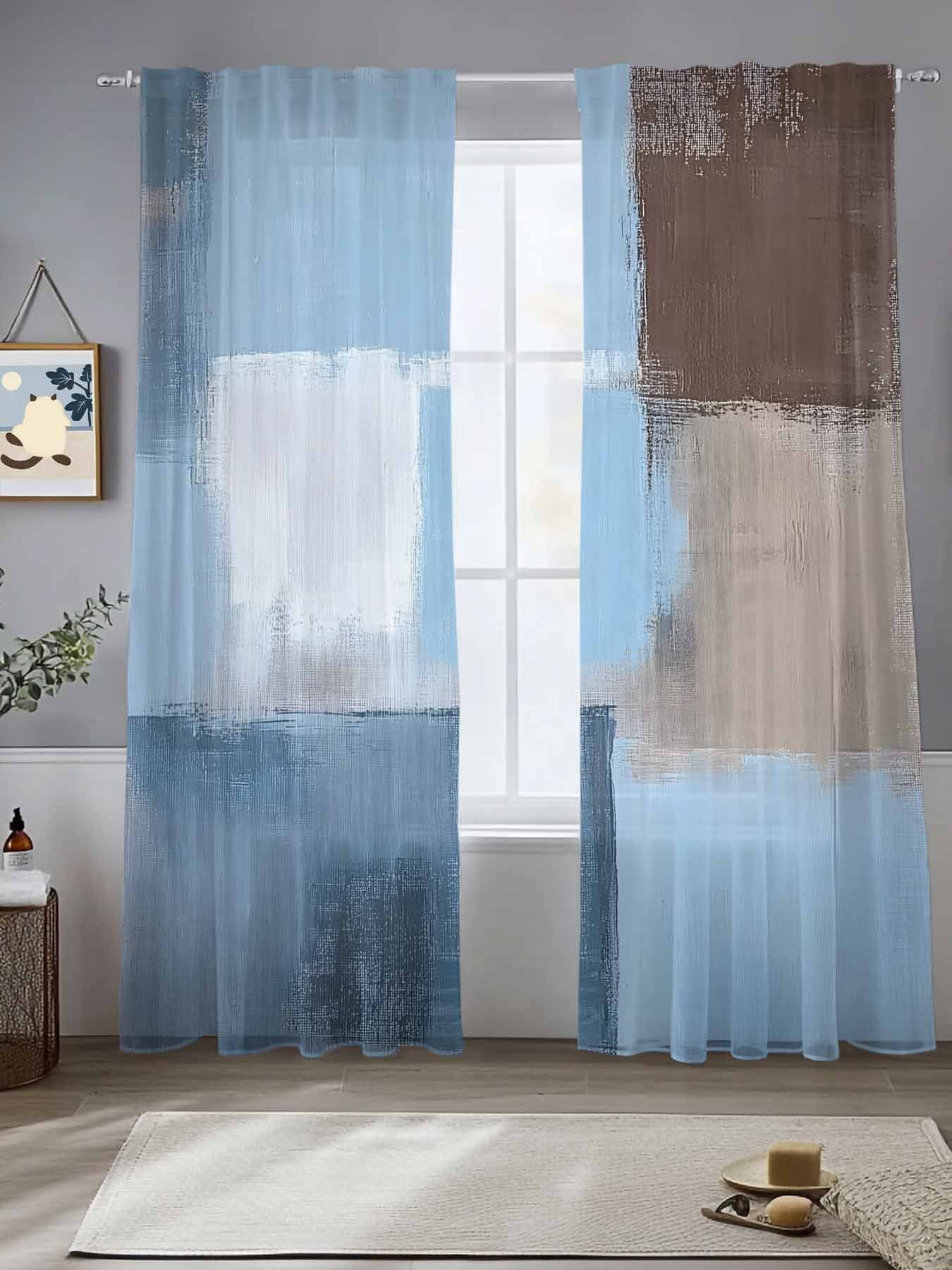 Abstract Color Stitching Sheer Curtains 108 Inches Long 2 Panels Brown ...