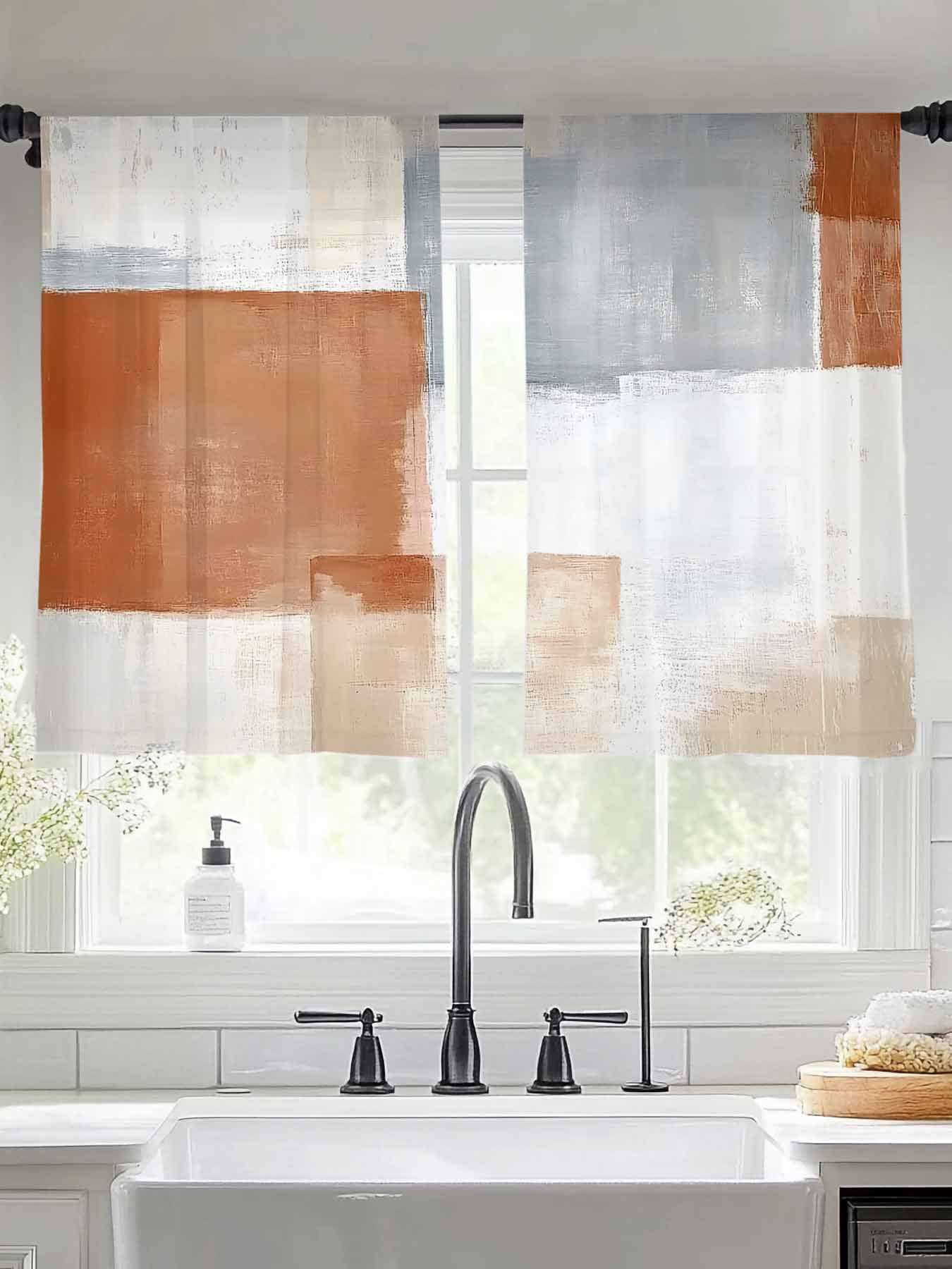 Abstract Color Stitching Sheer Curtains 45 Inches Long 2 Panels ...