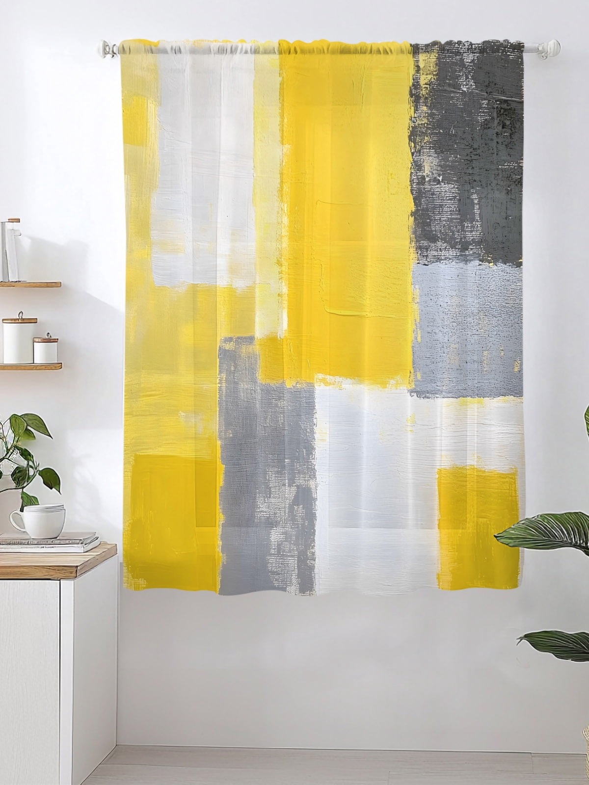 Abstract Color Stitching Sheer Curtains 72 Inch Long 1 Panel Yellow ...