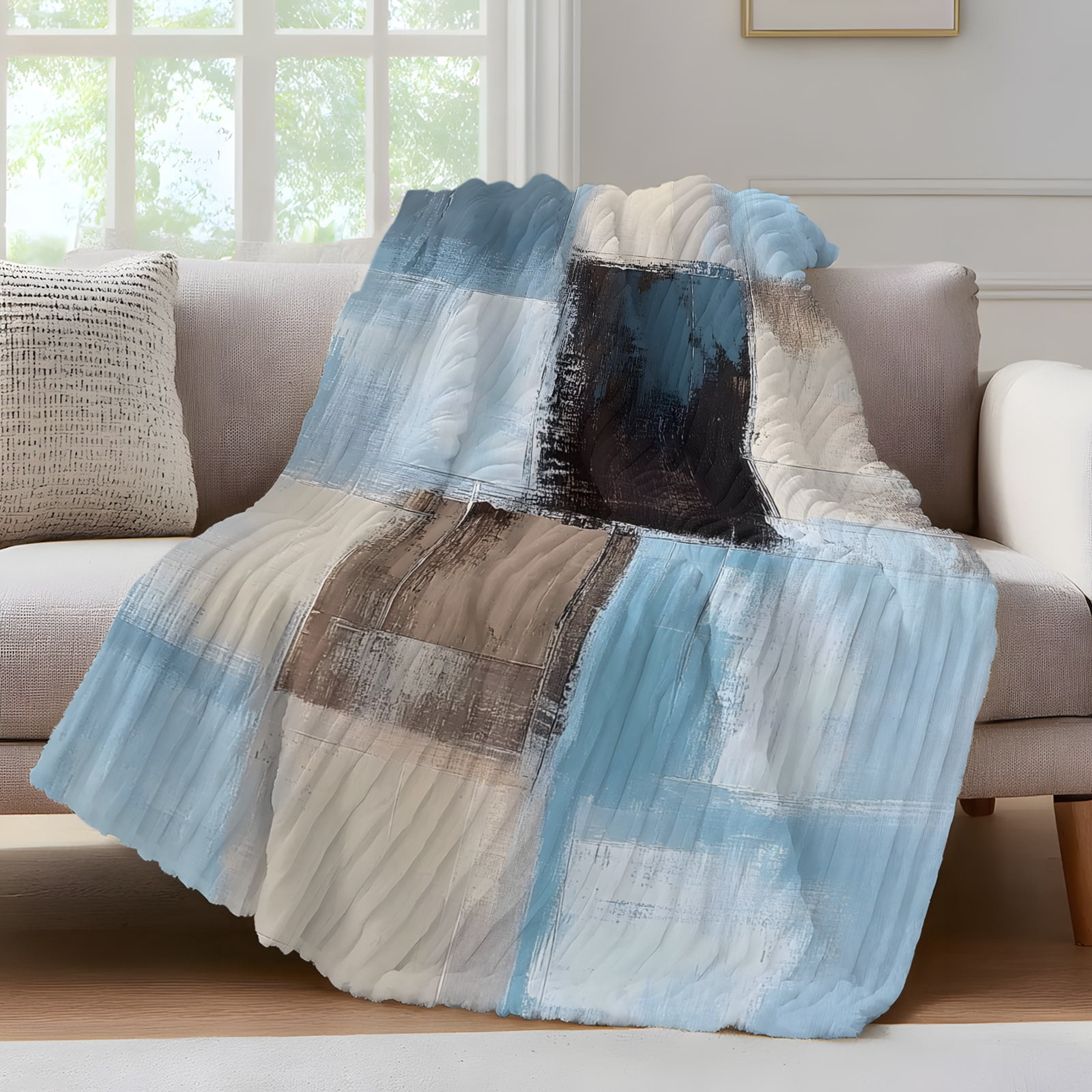 Abstract Color Stitching Throw Blanket for Couch Blue Brown Graffiti ...