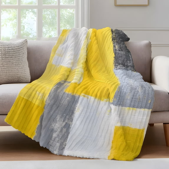 Abstract Color Stitching Throw Blanket for Couch Yellow Gray Wavy ...