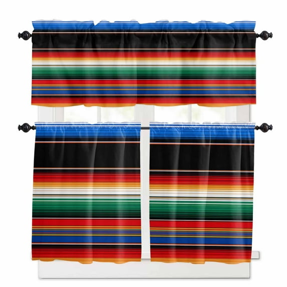 Abstract Color Stripes Kitchen Curtains Valance and Tier Set Navy Black ...