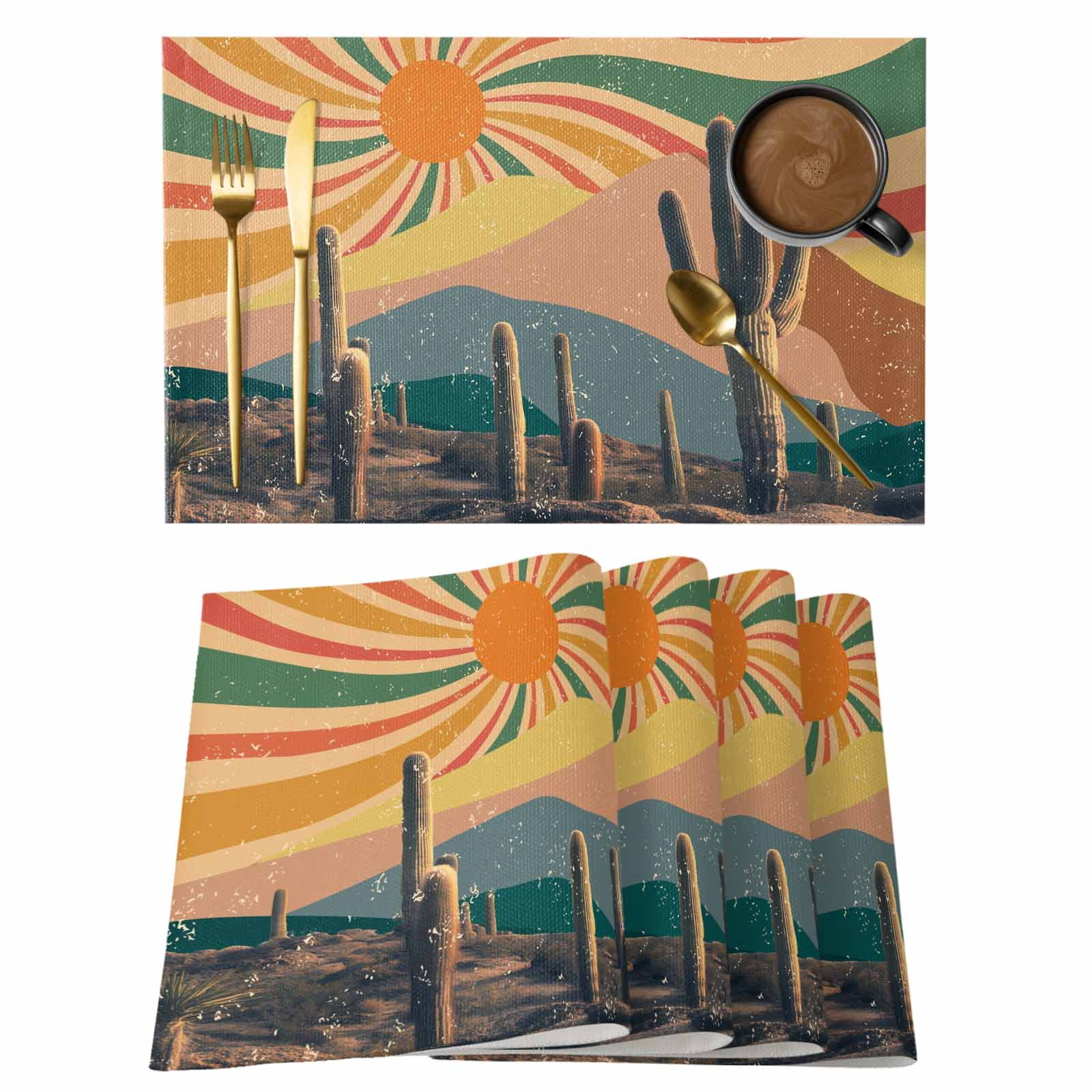 Abstract Color Sun Cotton Linen Placemats Set of 6, Cactus Mountain ...