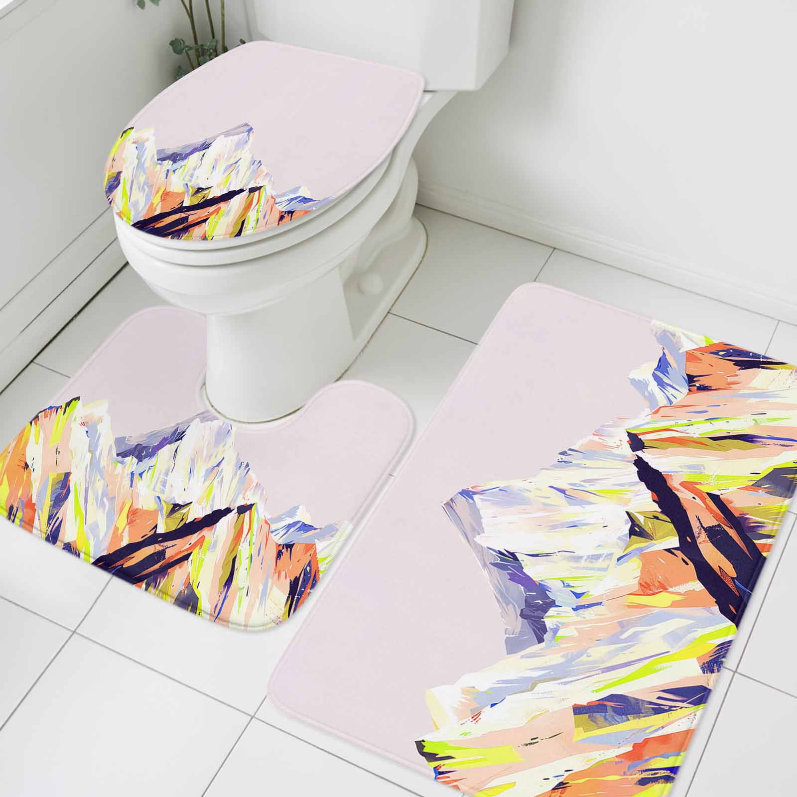Abstract Colored Bathroom Rugs Set Drawing Mountain Oil Painting Non ...