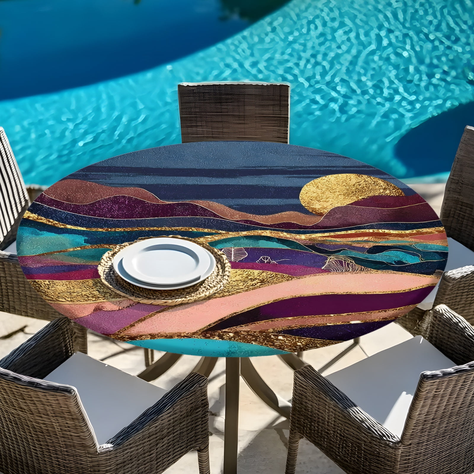 Abstract Colored Mountain Moon Round Fitted Tablecloth with Elastic ...