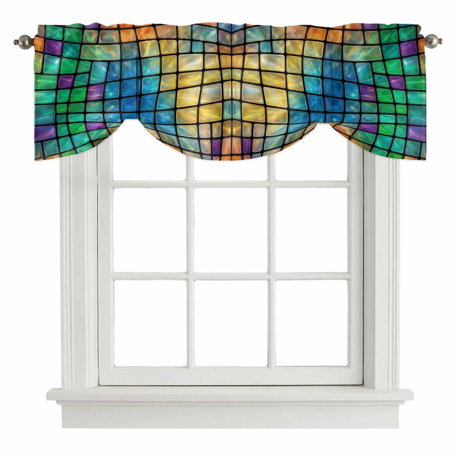Abstract Colored Plaid Tie Up Valance Curtains Gradient Grid Gemstone ...