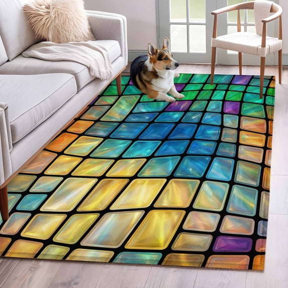 Abstract Colored Plaid Washable Area Rug 3x5 Gradient Grid Gemstone ...