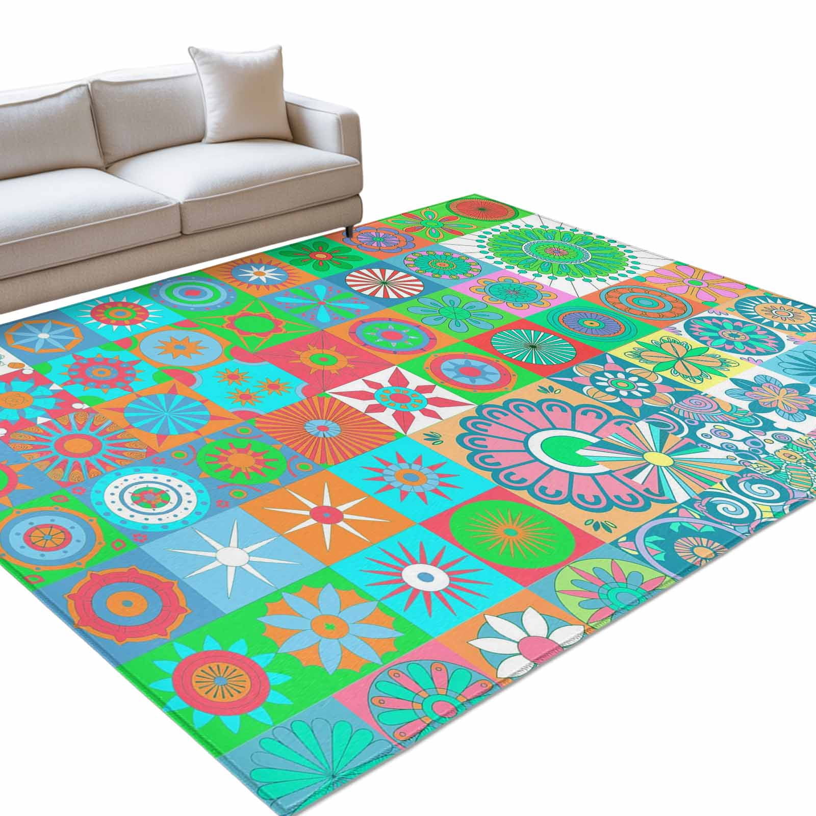 Abstract Colorful Floral Area Rug, Ethnic Countryside Flowers Plaid Non ...
