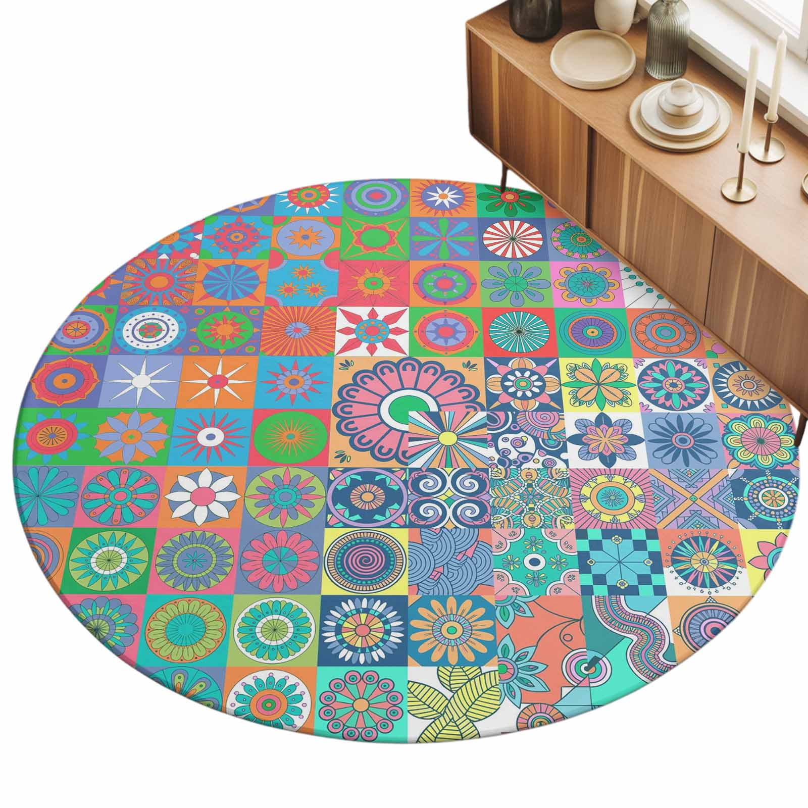 Abstract Colorful Floral Area Rug, Ethnic Countryside Flowers Plaid Non ...