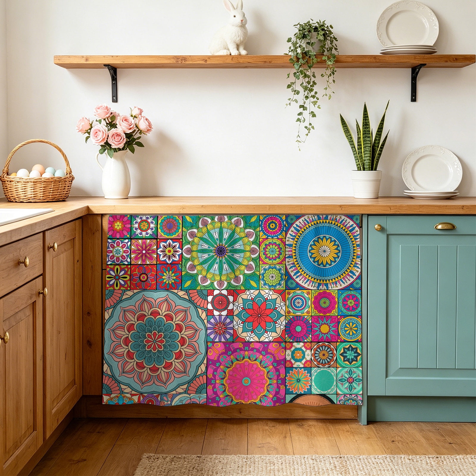 Abstract Colorful Floral Cabinet Curtains 28" W x 35" L Ethnic Style ...