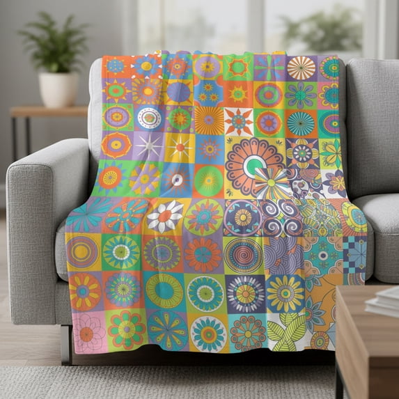 Abstract Colorful Floral Fleece Throw Blanket Countryside Flower Plaid ...