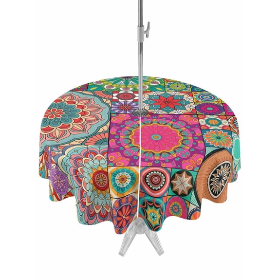 Abstract Colorful Floral Round Outdoor Tablecloth with Umbrella Hole ...