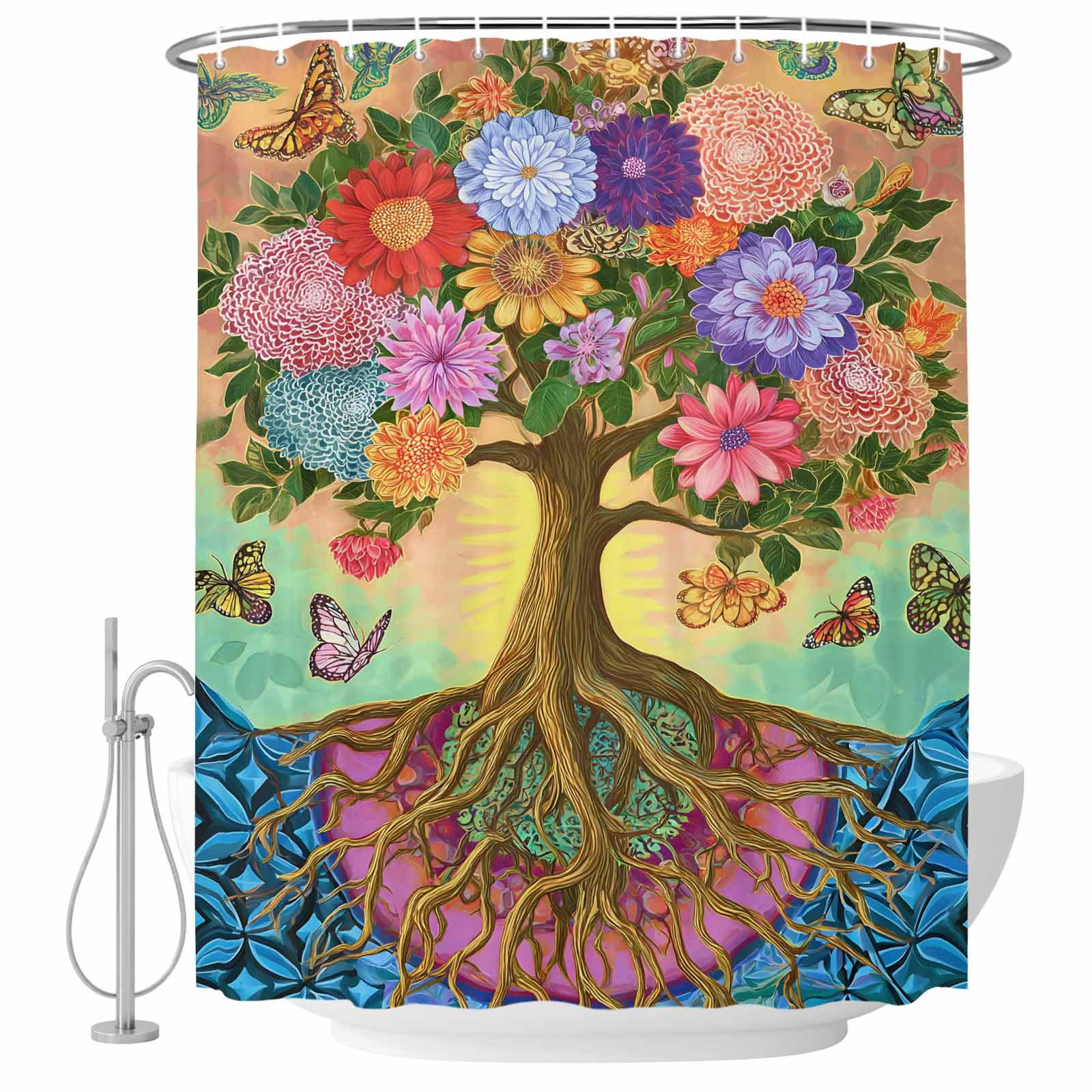 Abstract Colorful Flower Bathroom Shower Curtains with Hooks, Root Life ...