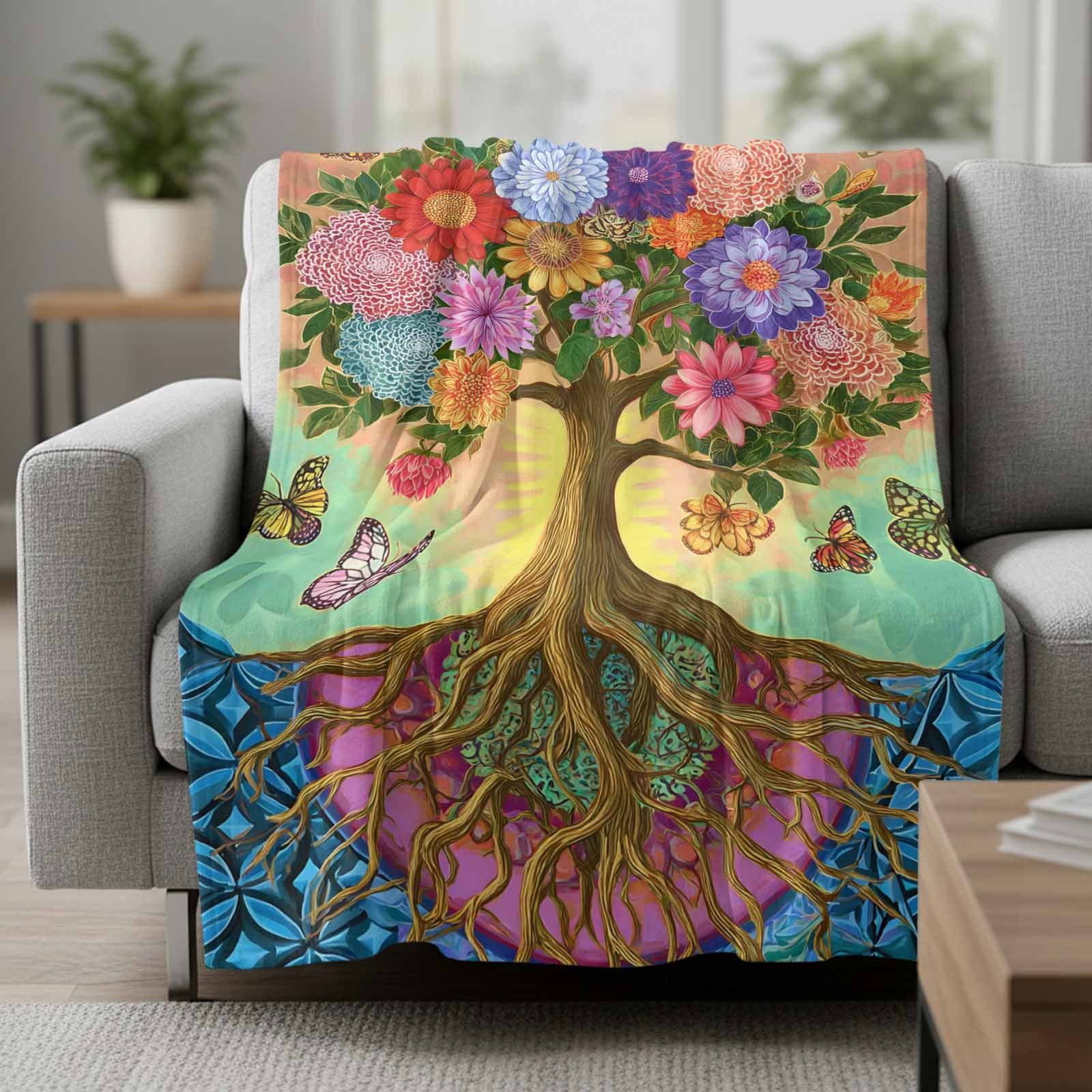Abstract Colorful Flower Fleece Throw Blanket Root Life Tree Butterfly ...