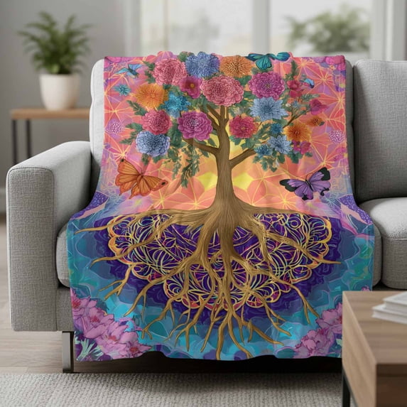 Abstract Colorful Flower Tree Fleece Throw Blanket Retro Watercolor ...