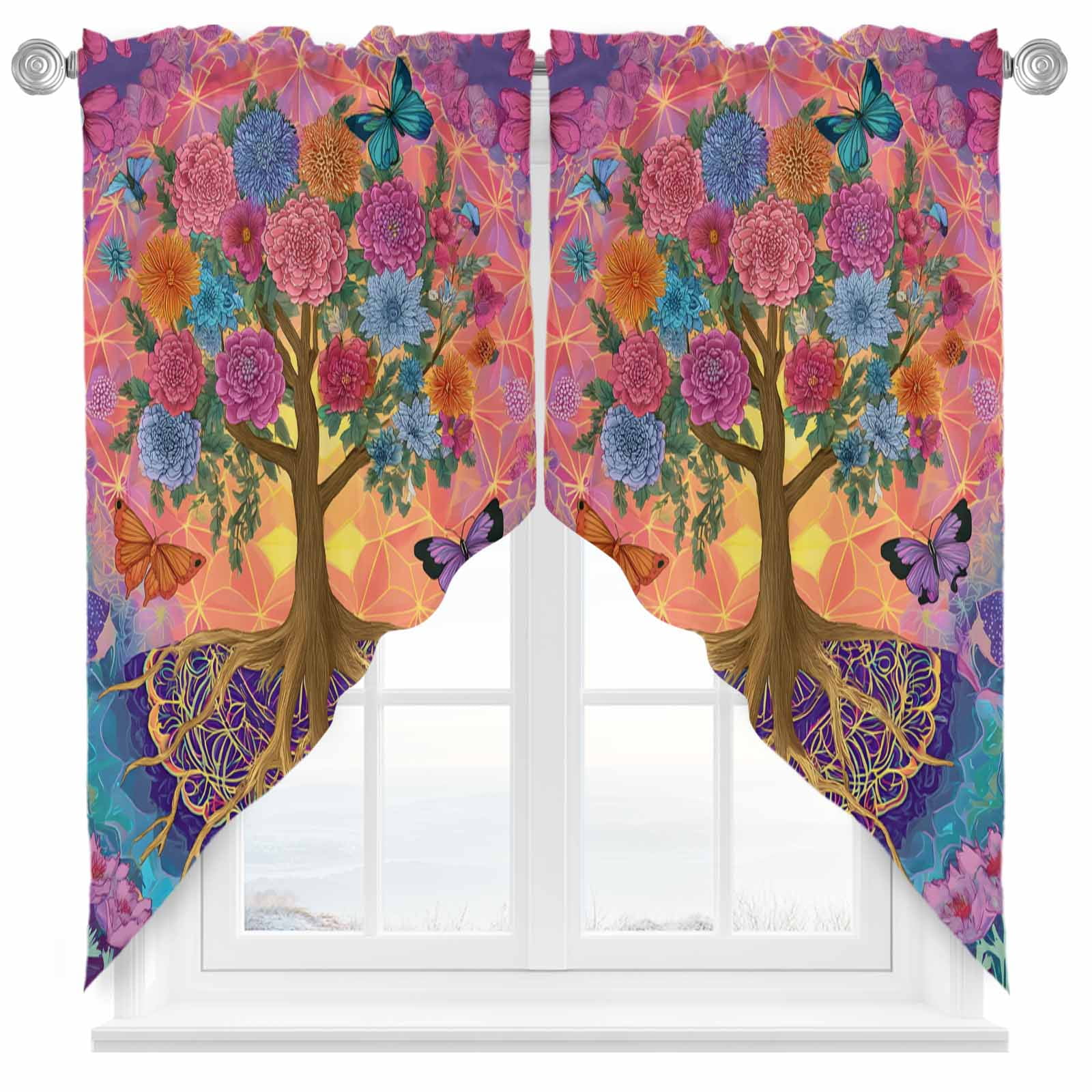 Abstract Colorful Flower Tree Swag Kitchen Curtain Valances, Retro ...