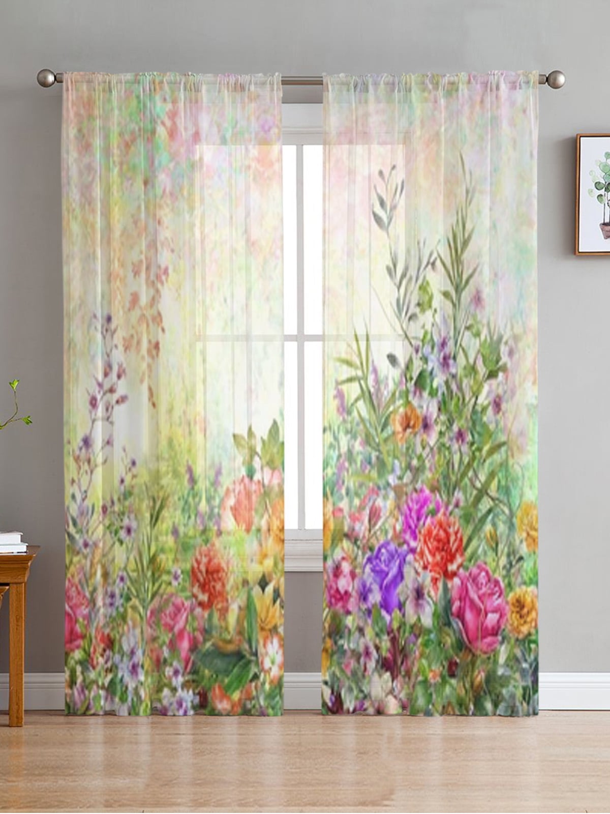 Abstract Colorful Flowers Watercolor Chiffon Sheer Curtains For Living ...