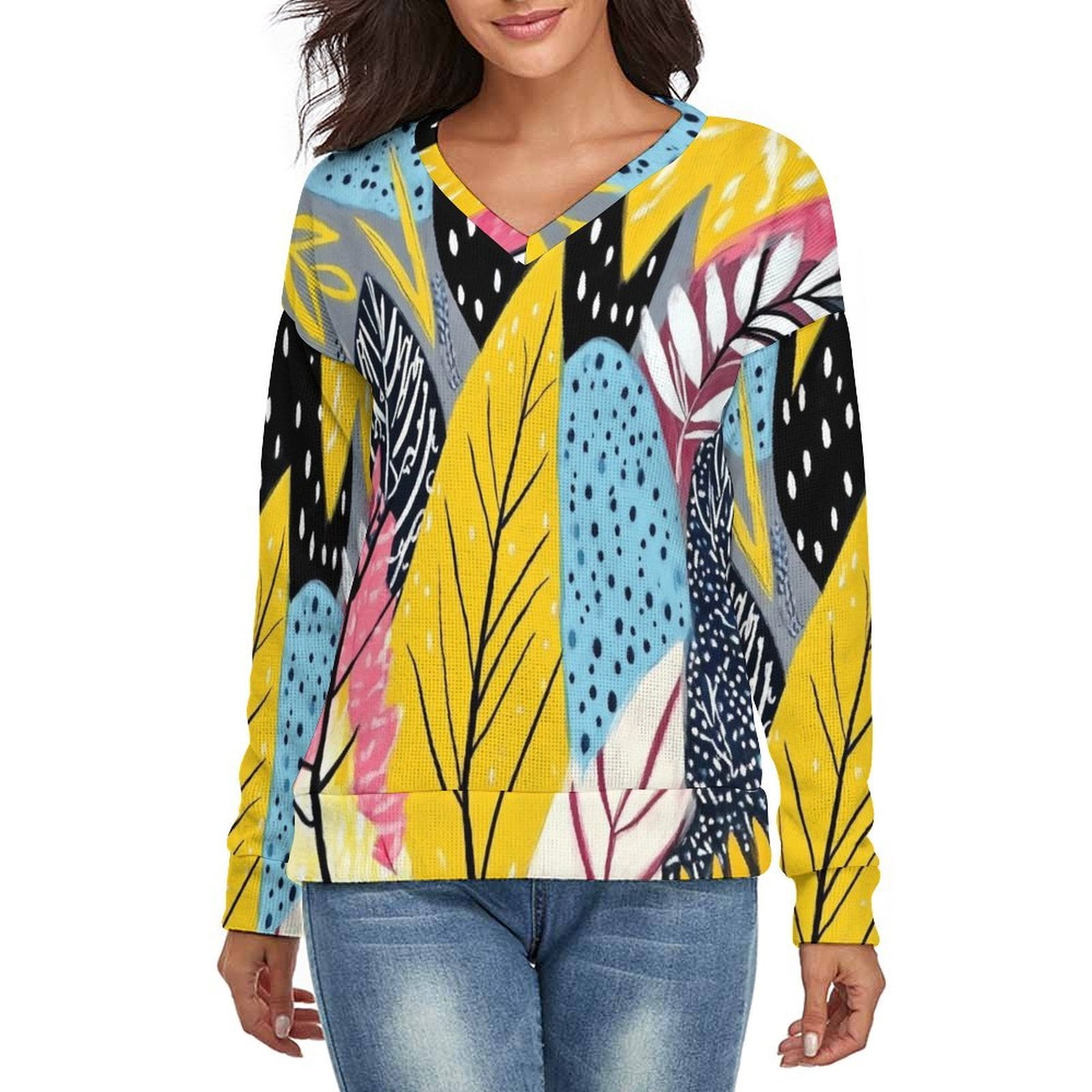 Abstract Colorful Foliage Artwork Design V-neck Sweater Winter Clothes ...