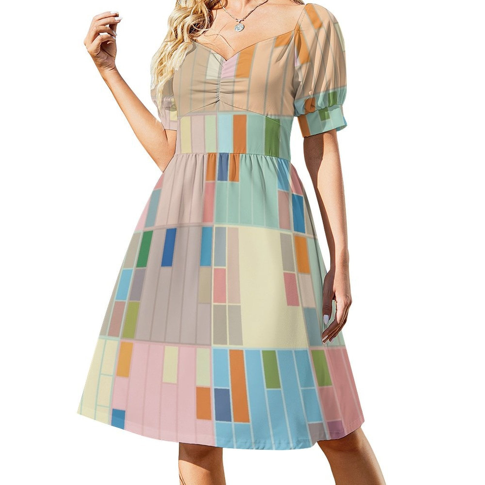Abstract Colorful Geometric Grid Pattern Short Sleeve Dress Clothes ...