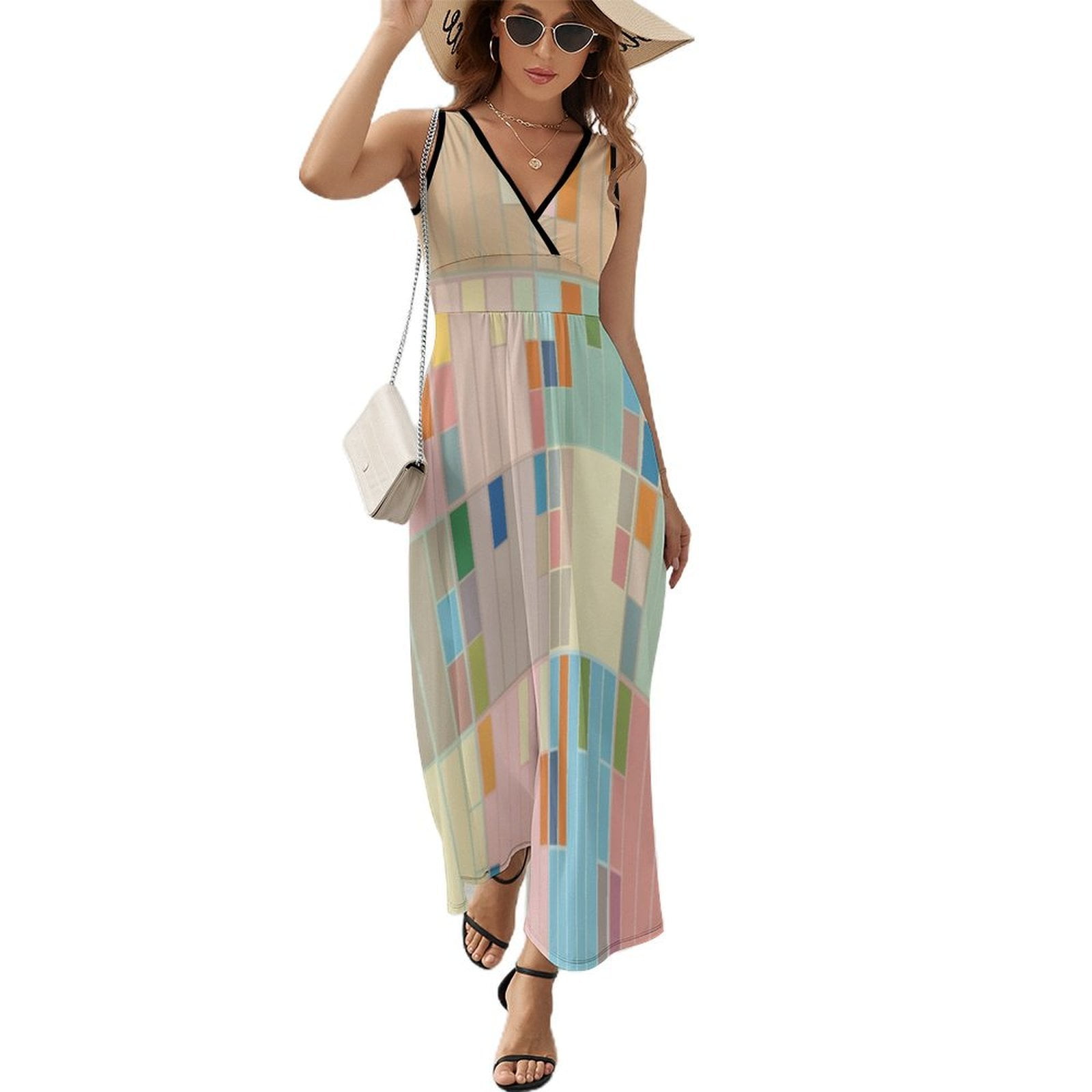Abstract Colorful Geometric Grid Pattern Womens Night Club Maxi Dress V ...