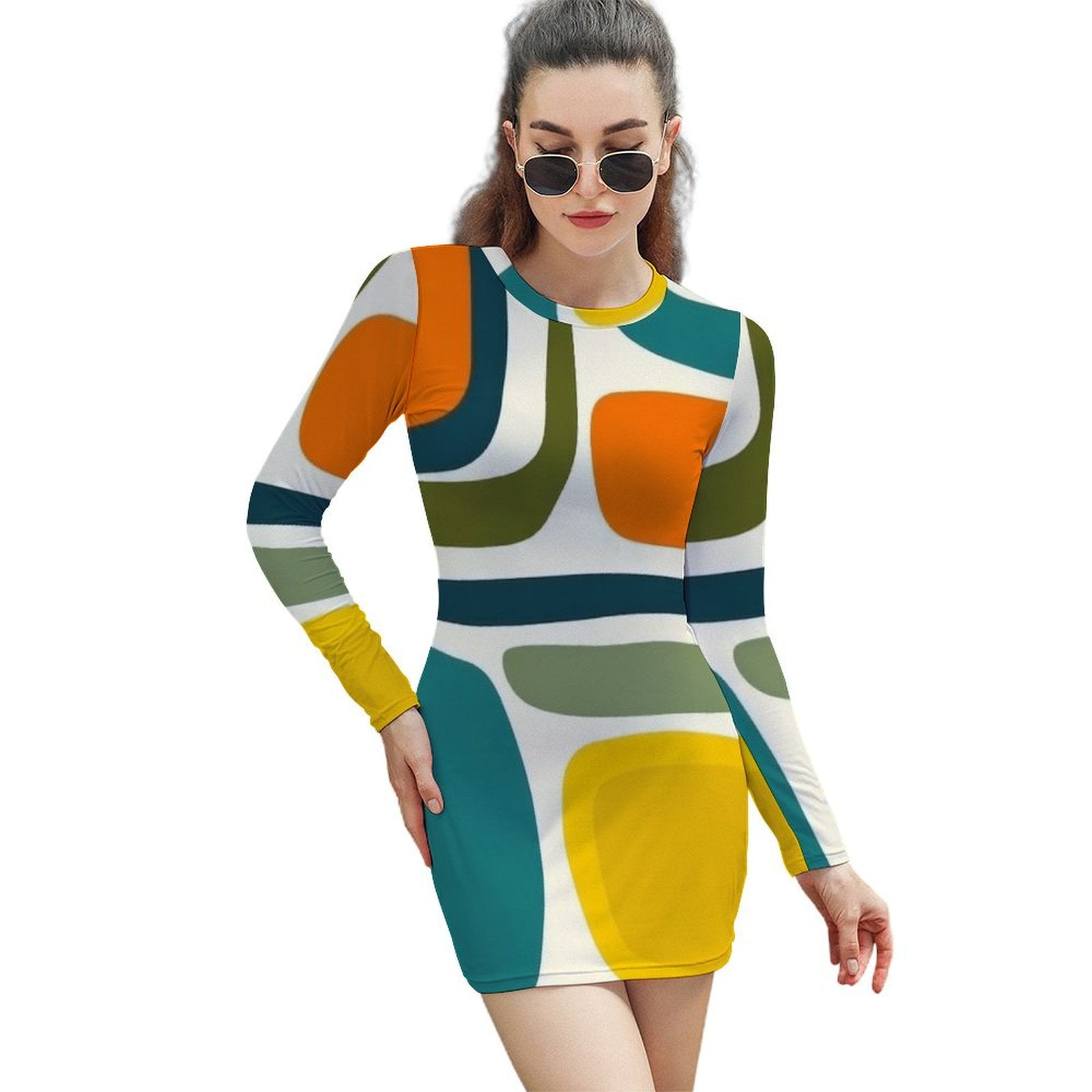 Abstract Colorful Geometric Shapes Art Women's Long Sleeve Bodycon ...
