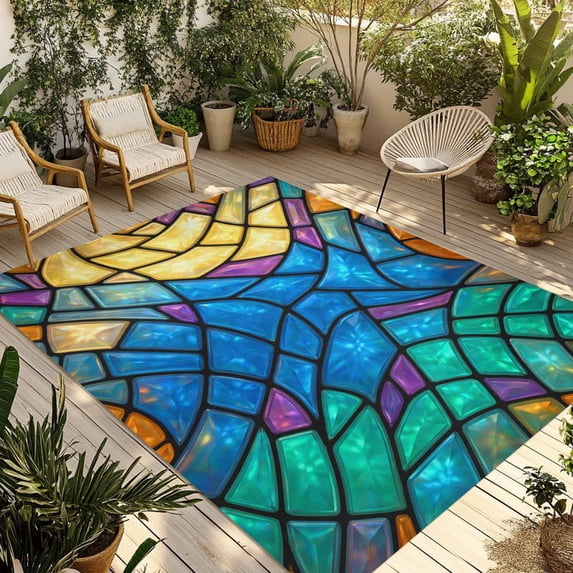 Abstract Colorful Glass Outdoor Rug, Blue-Purple Cracked Texture ...