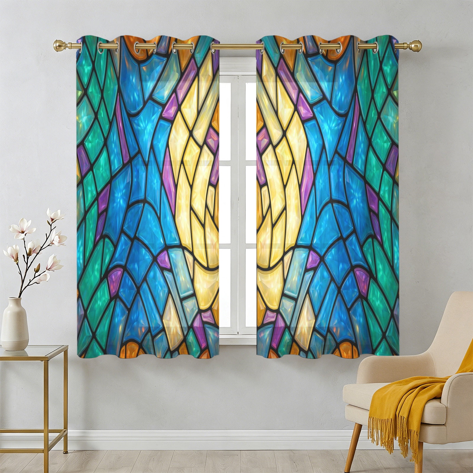 Abstract Colorful Glass Sheer Curtains 45 Inch Long 2 Panels, Blue ...