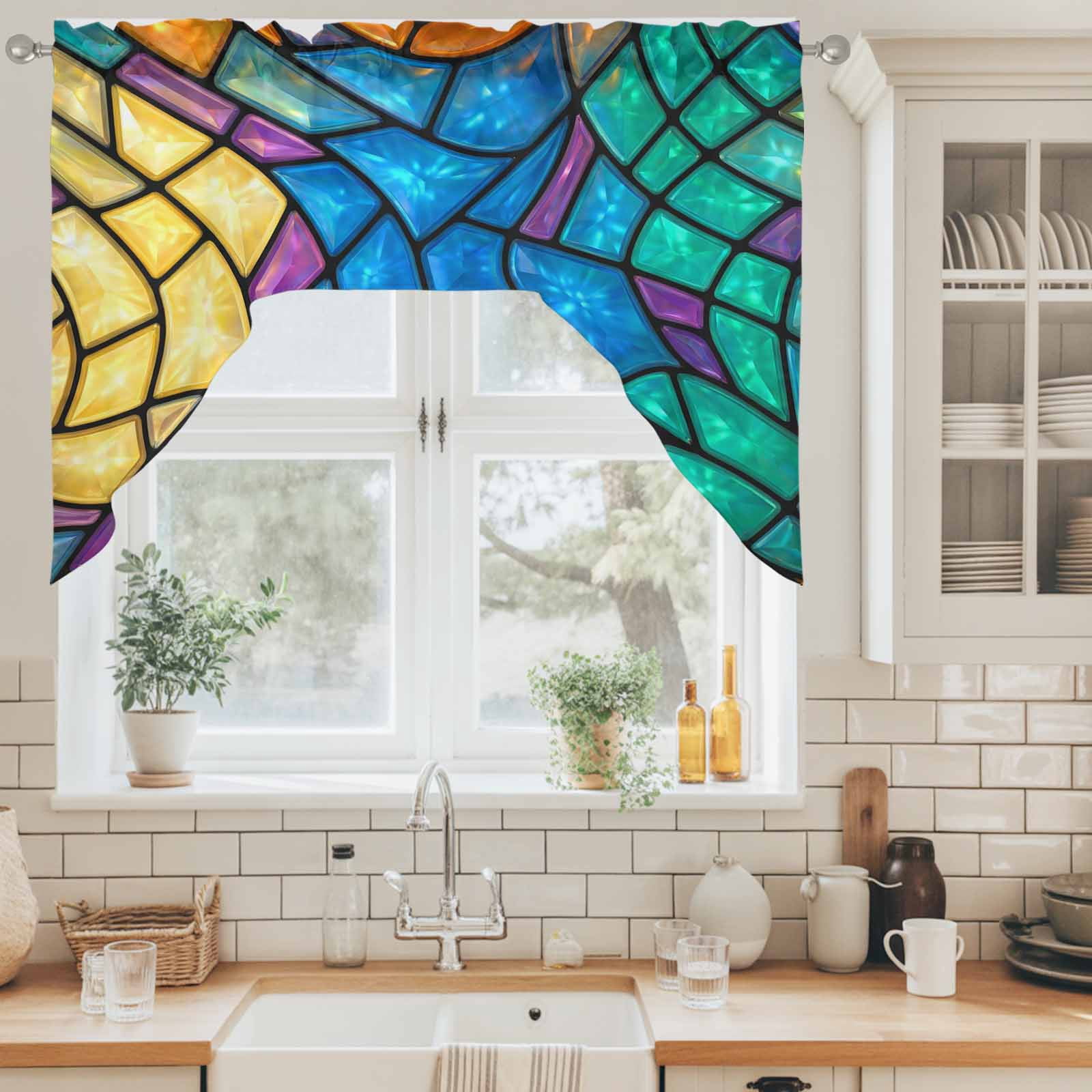 Abstract Colorful Glass Swag Curtain Valance for Windows, Blue-Purple ...