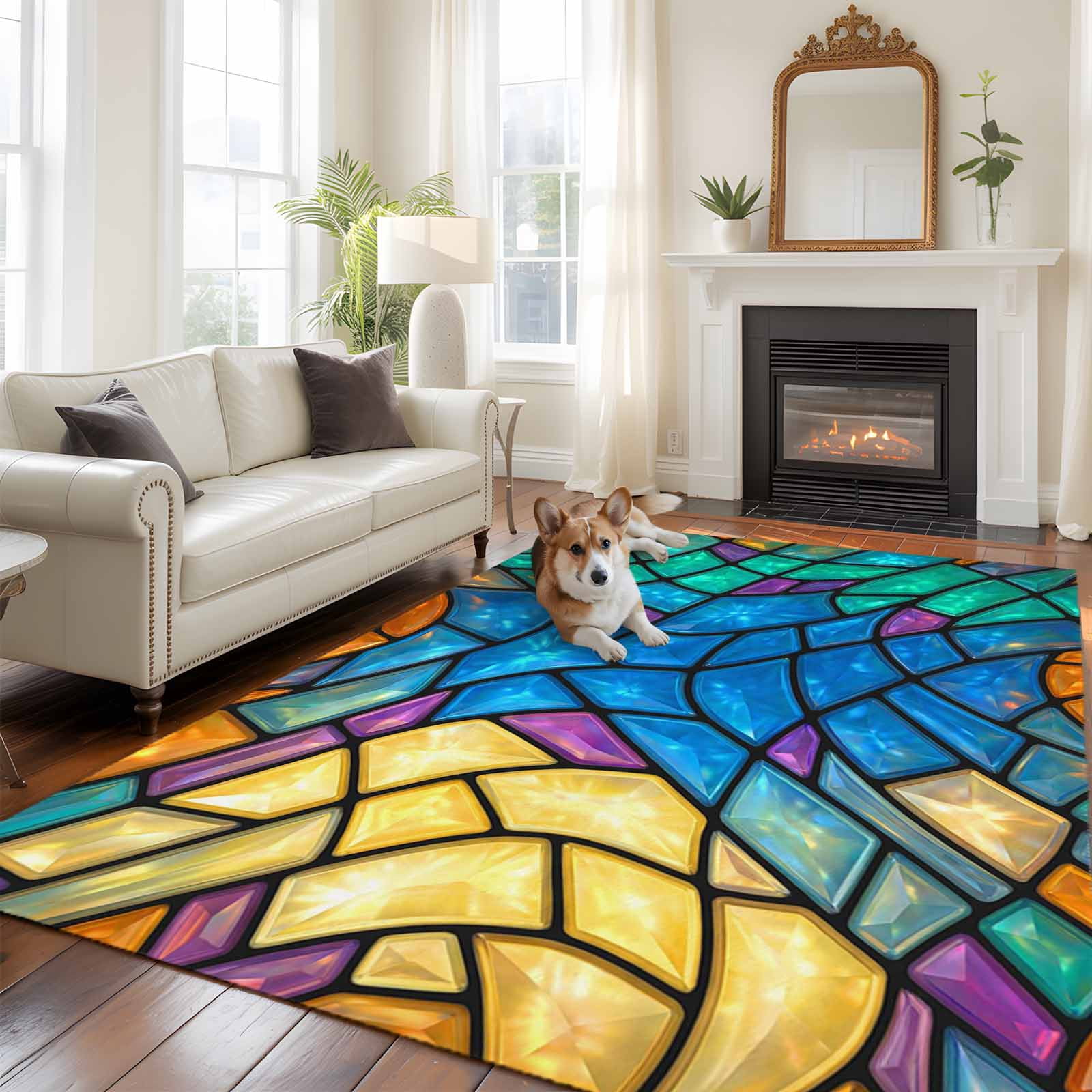 Abstract Colorful Glass Washable Area Rug 8x10 Blue-Purple Cracked ...