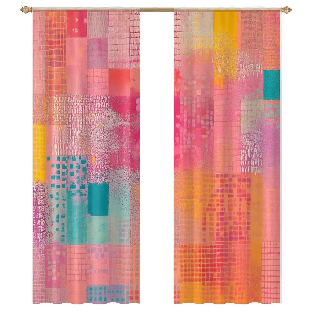 Abstract Colorful Gridded Artwork Sheer Voile Curtain Window Tulle ...