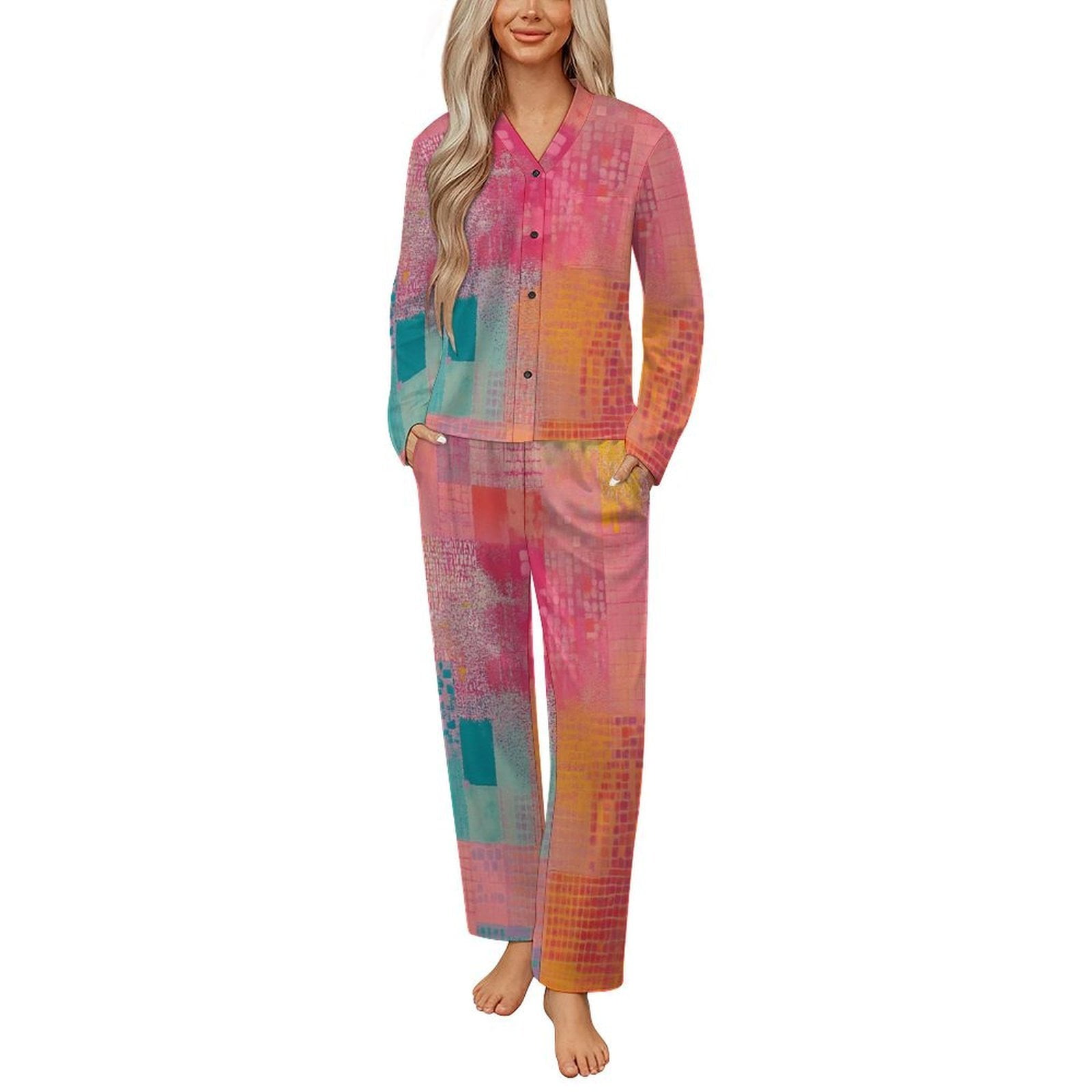 Abstract Colorful Gridded Artwork Womens Pyjamas Set Button Up Pyjamas ...