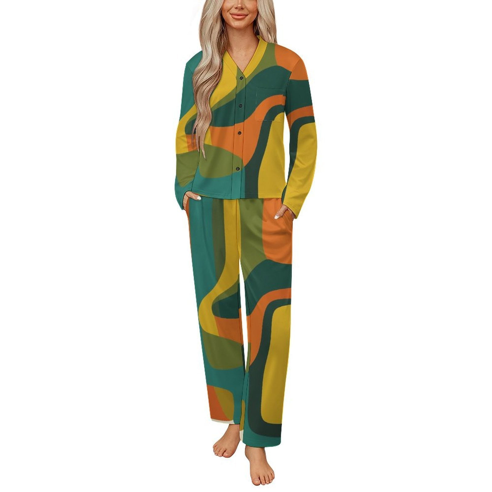 Abstract Colorful Layered Shapes Design Womens Pyjamas Set Button Up ...