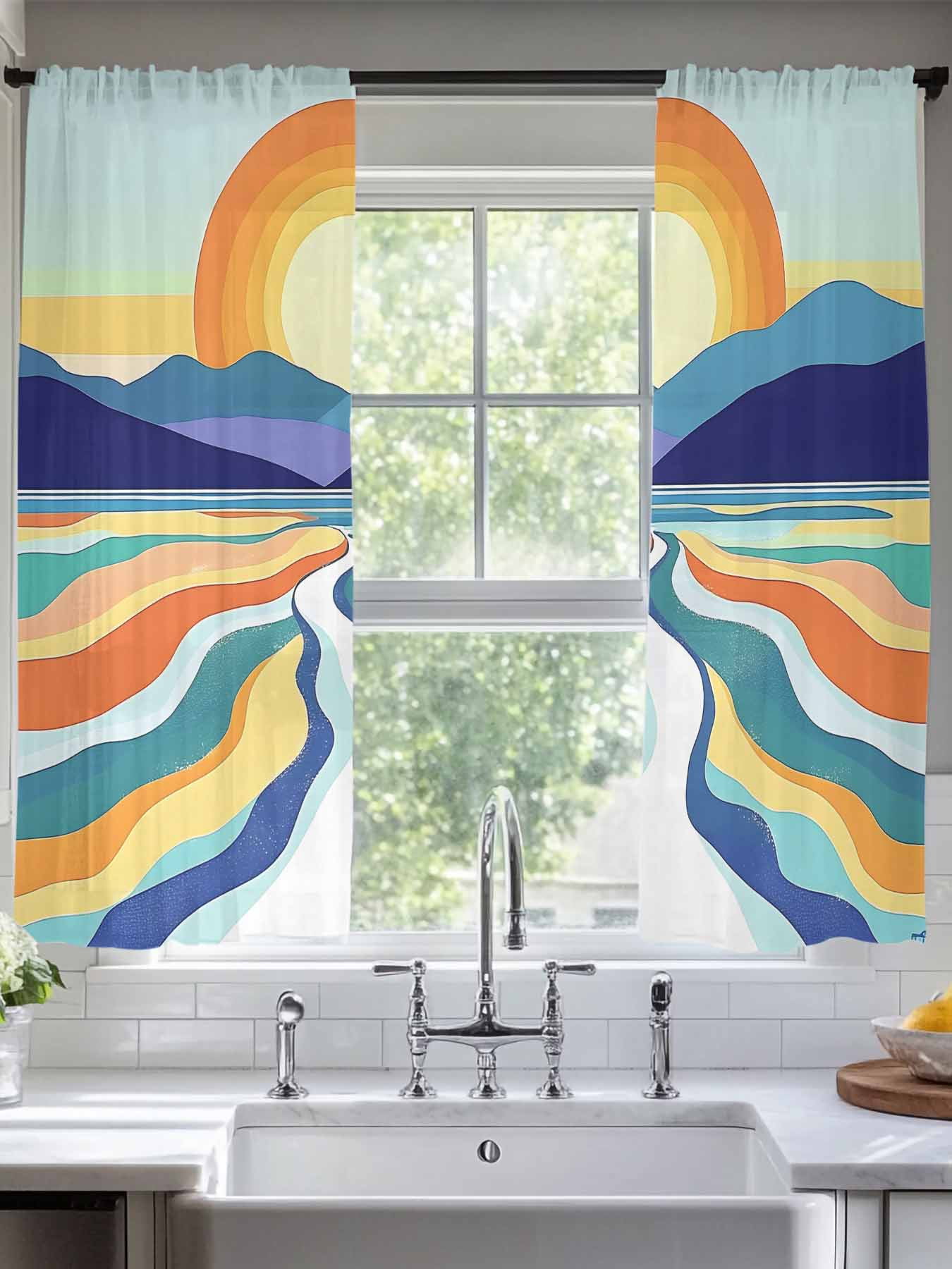 Abstract Colorful Ocean Sun Sheer Curtains 63 Inches Long 2 Panels ...