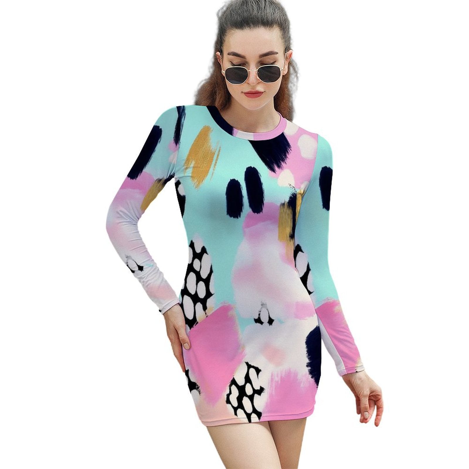 Abstract Colorful Painted Artwork Women's Long Sleeve Bodycon Dress ...