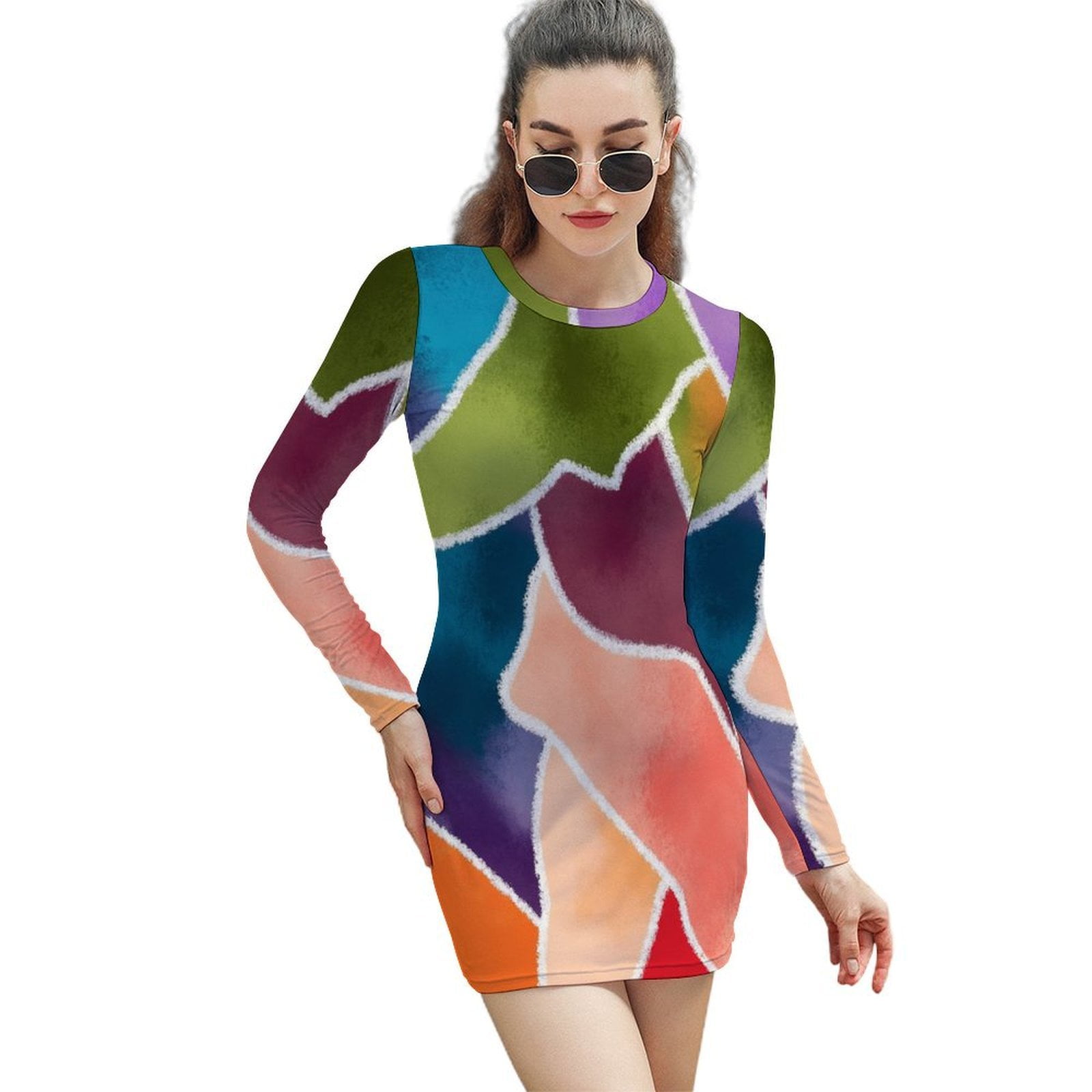 Abstract Colorful Painted Shapes Women's Long Sleeve Bodycon Dress Soft ...