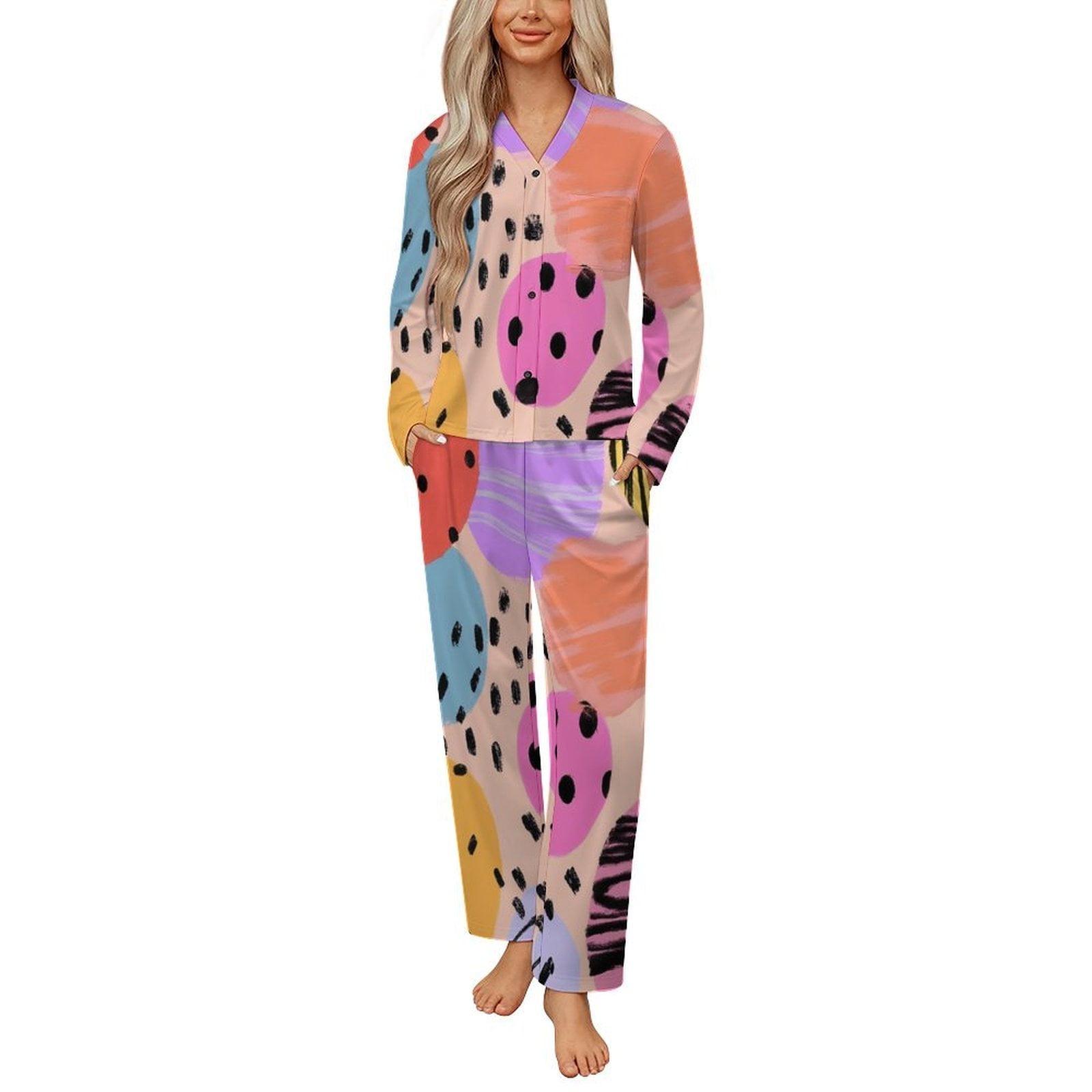 Abstract Colorful Playful Shapes Womens Pyjamas Set Button Up Pyjamas ...