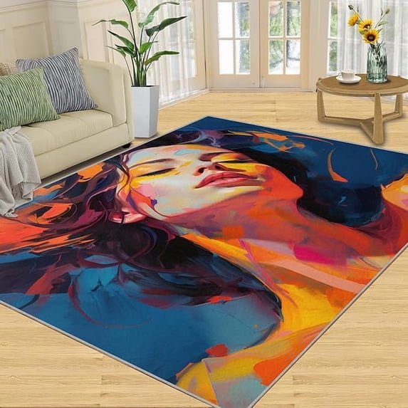 Abstract Colorful Portrait Area Rug, Modern Woman Digital Painting ...