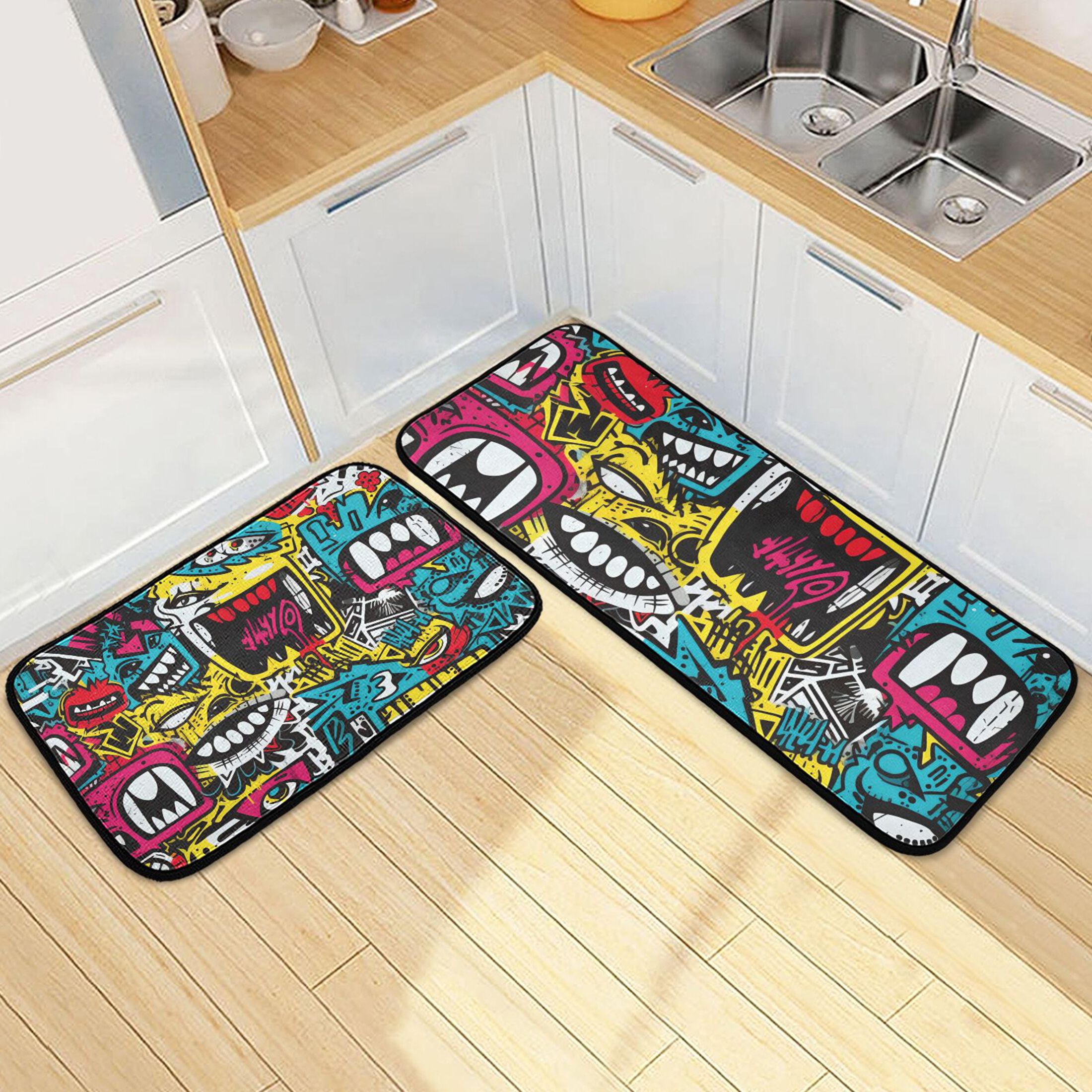 Abstract Colorful Print Kitchen Rugs Set of 2 Non Slip Floor Foam Mat ...