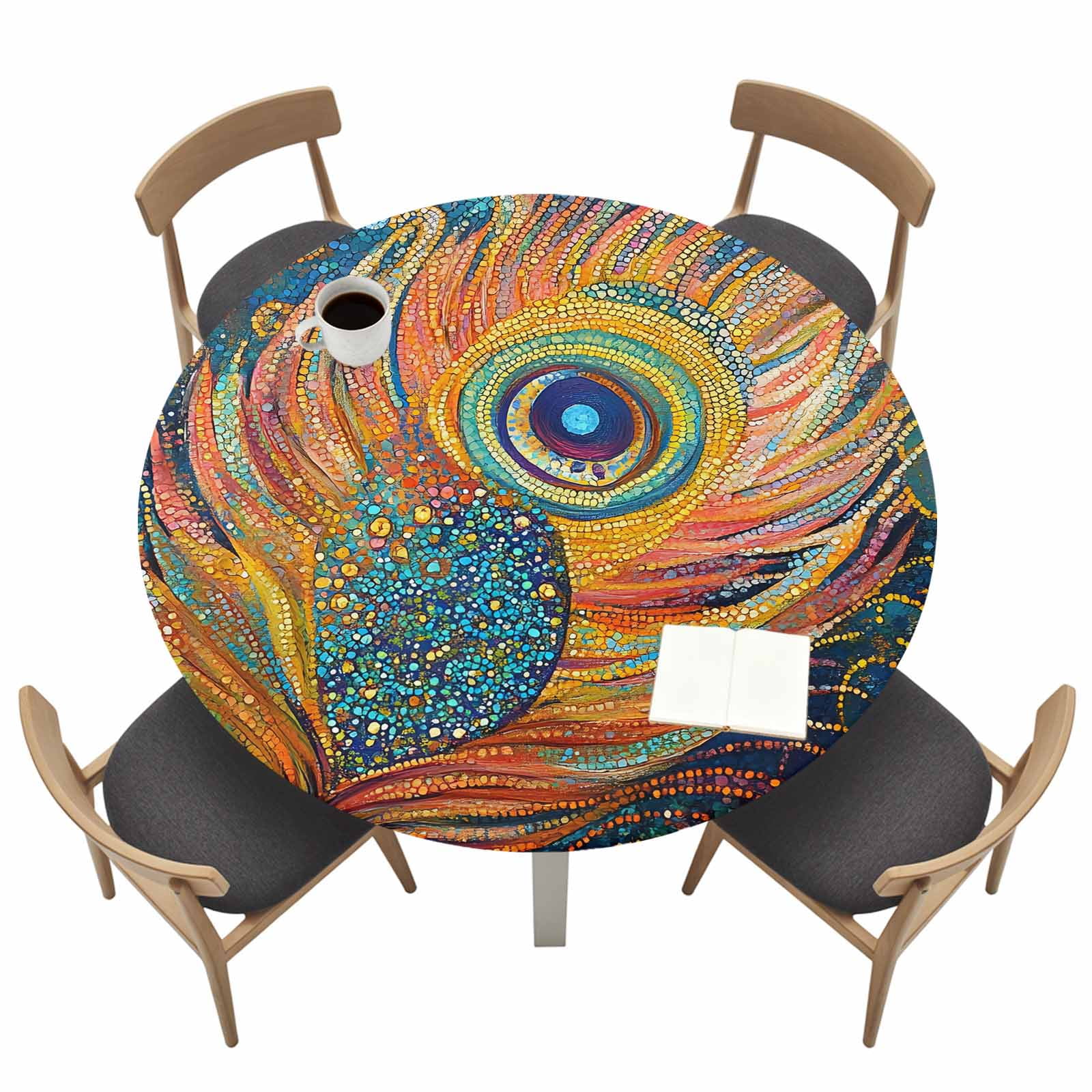 Abstract Colorful Round Fitted Tablecloth with Elastic Edge Peacock ...
