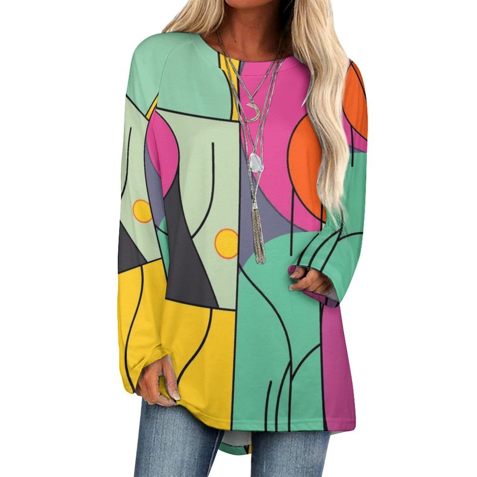 Abstract Colorful Shapes 3D Print Women Long Sleeve T Shirt Oversized ...