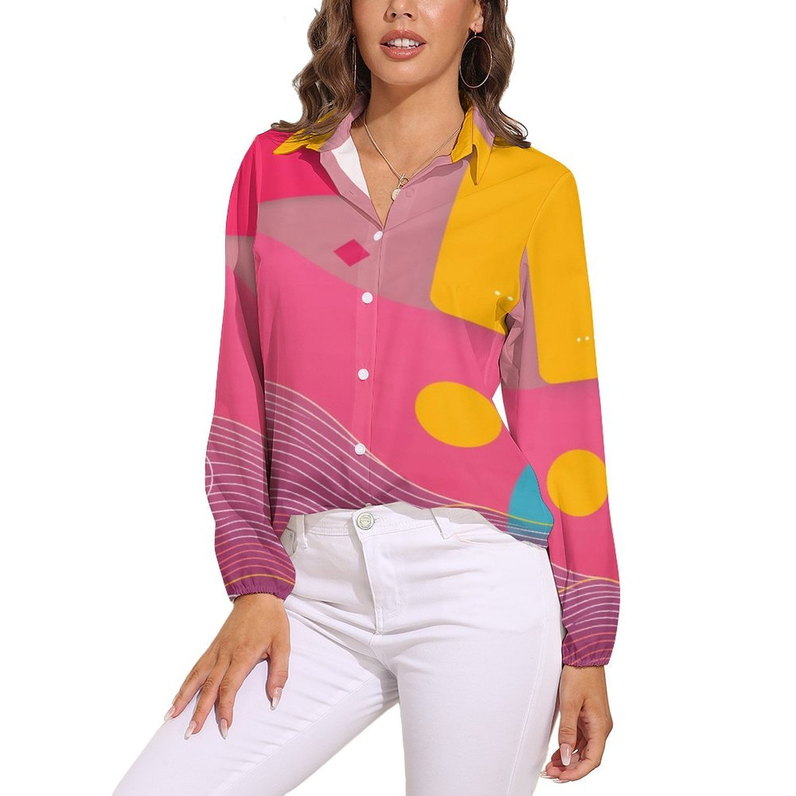 Abstract Colorful Shapes Blouse Female Long Sleeve Casual Shirts ...