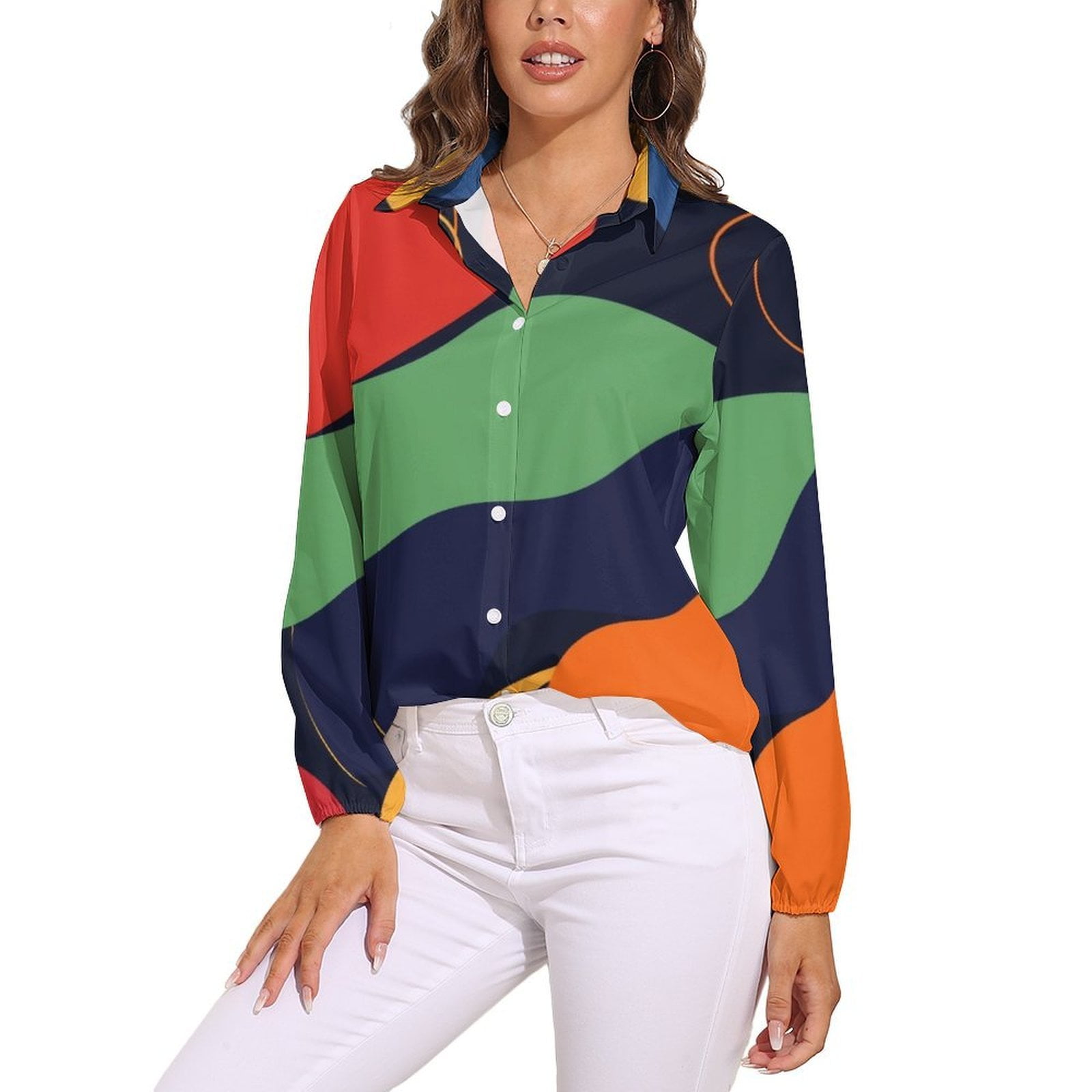 Abstract Colorful Shapes Blouse For Women Loose Blouses Long Sleeve ...