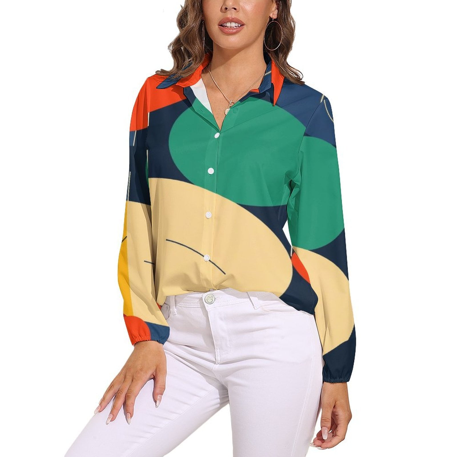 Abstract Colorful Shapes Blouse For Women Loose Blouses Long Sleeve ...