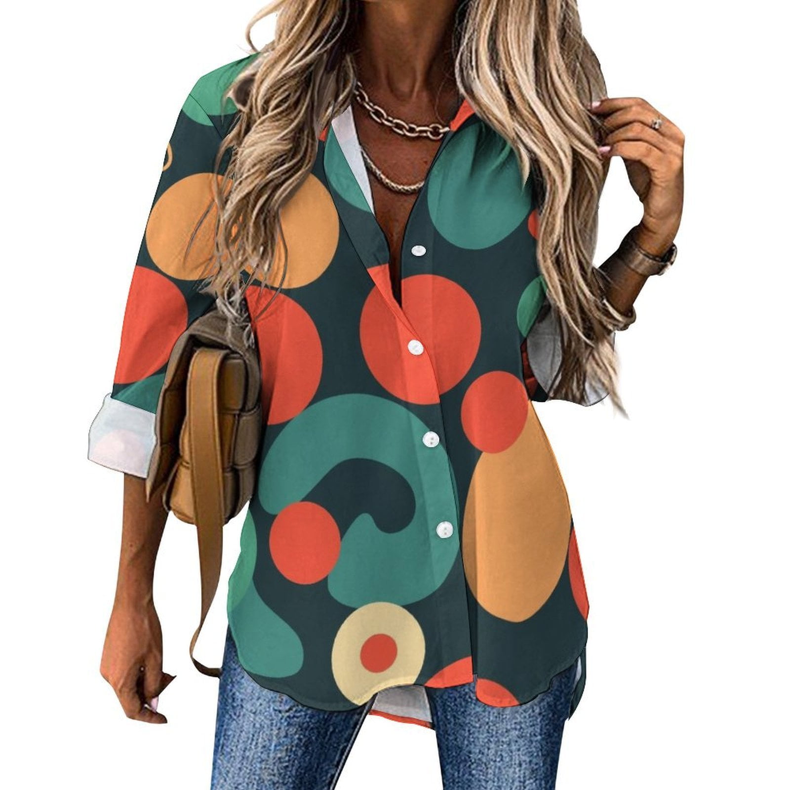 Abstract Colorful Shapes Loose Blouse Oversize Blouses Long-Sleeve ...