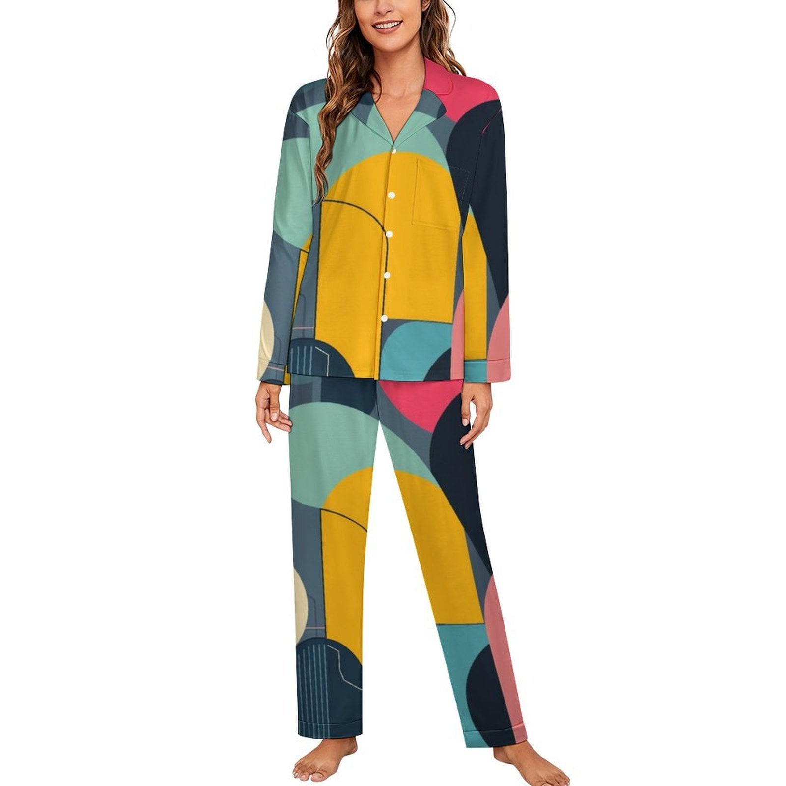Abstract Colorful Shapes Pajamas Night V Neck Nightwear Lady Two Piece ...