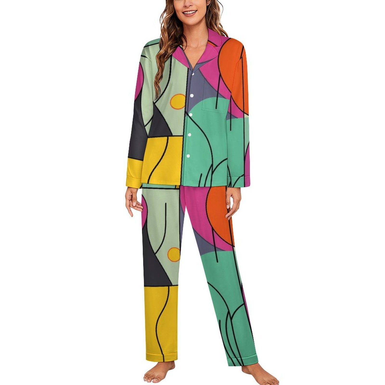 Abstract Colorful Shapes Pajamas Night V Neck Nightwear Lady Two Piece ...