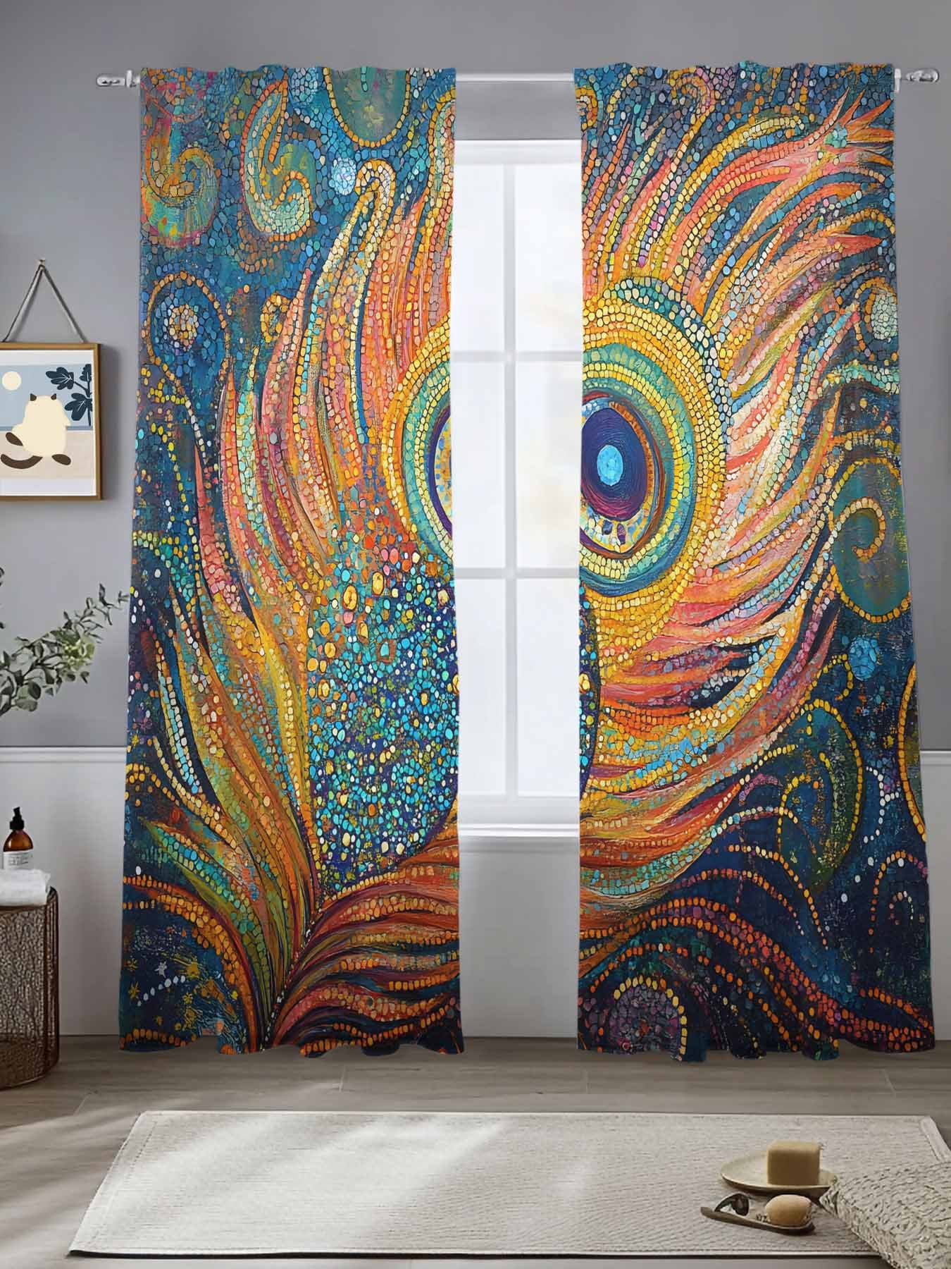 Abstract Colorful Sheer Curtains 108 Inches Long 2 Panels Peacock ...