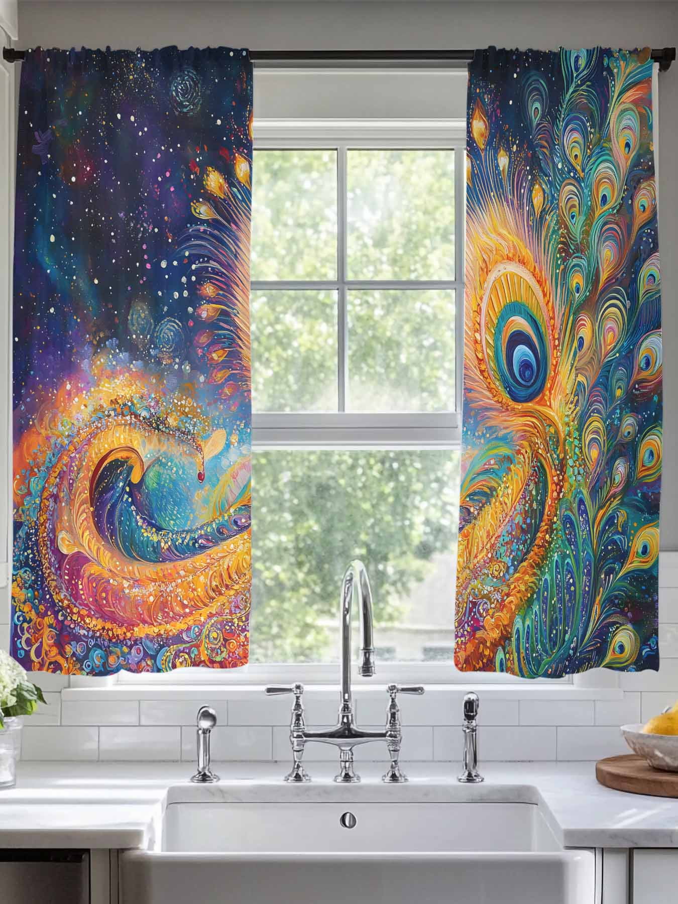 Abstract Colorful Sheer Curtains 63 Inches Long 2 Panels Peacock ...