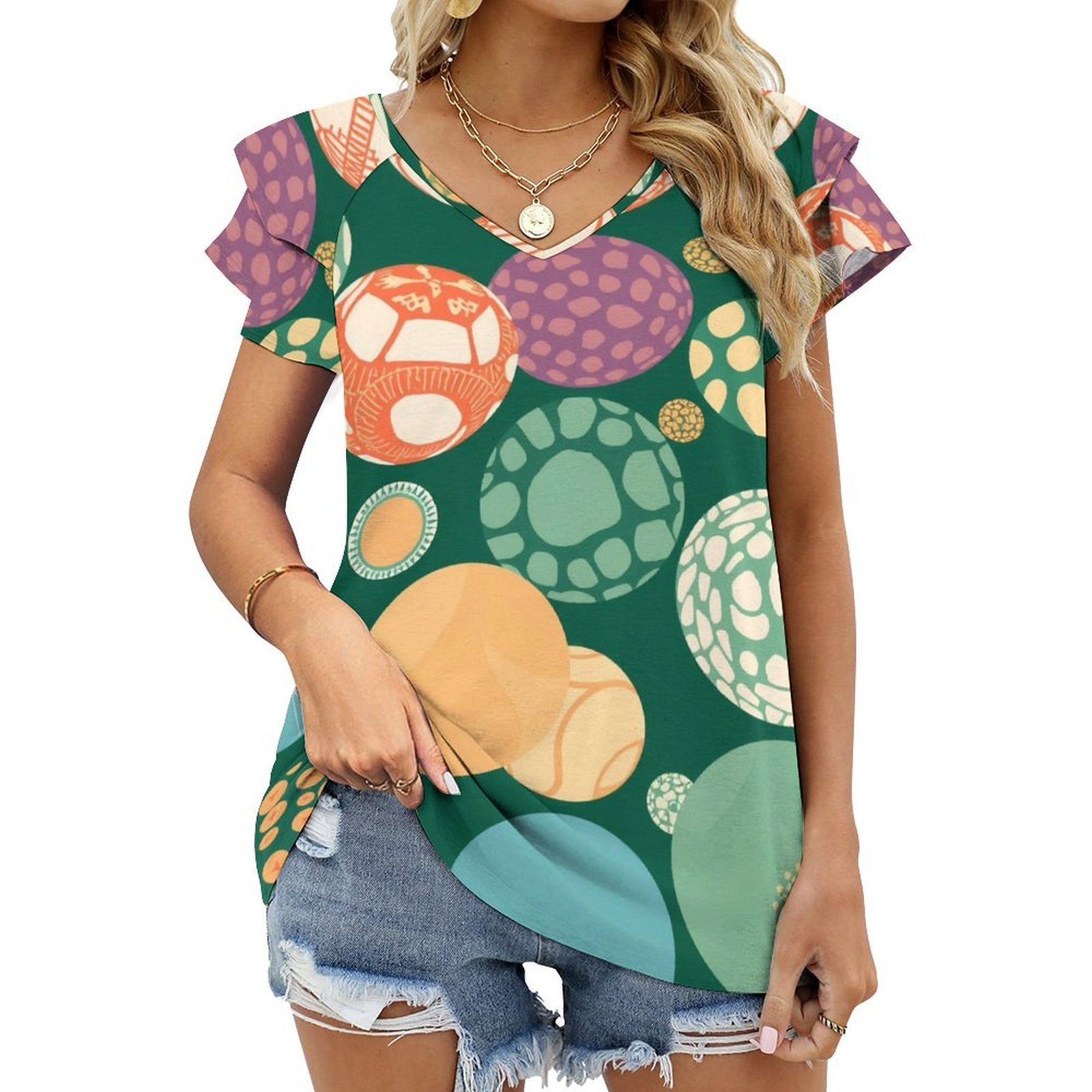 Abstract Colorful Spheres Women T Shirt V Neck Top Lotus Leaf Neck ...